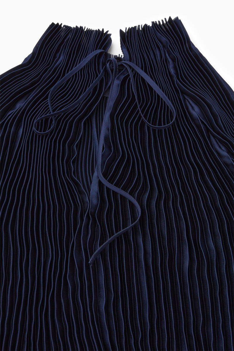 Cos Oversized Pleated High Neck Maxi Dress In Navy Endource