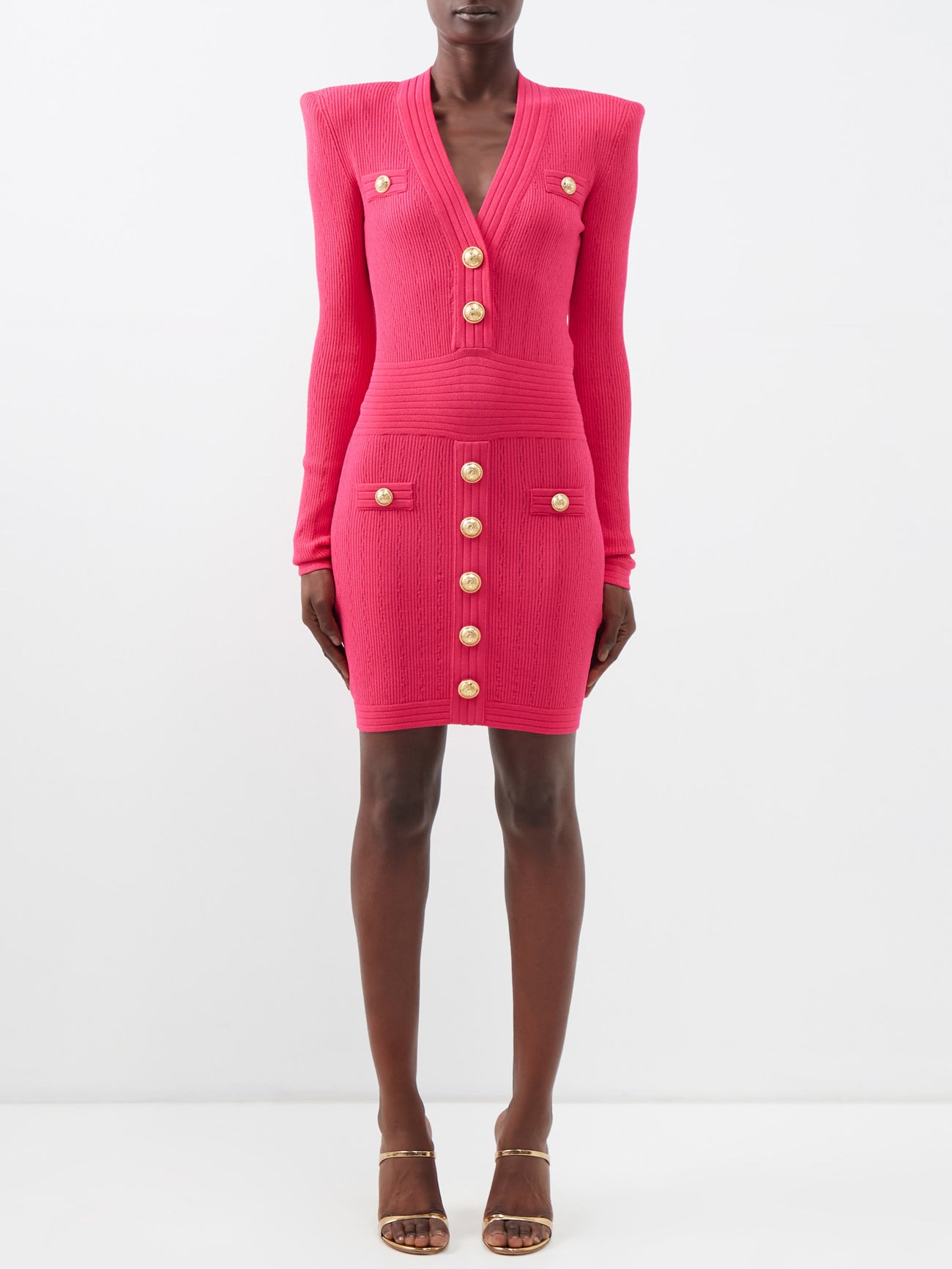 BALMAIN V-Neck Jacquard-Knit Mini Dress in Pink | Endource