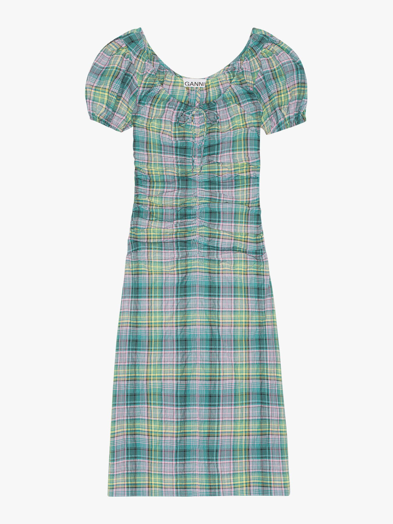 GANNI Seersucker Check Gathered Dress in Lagoon | endource