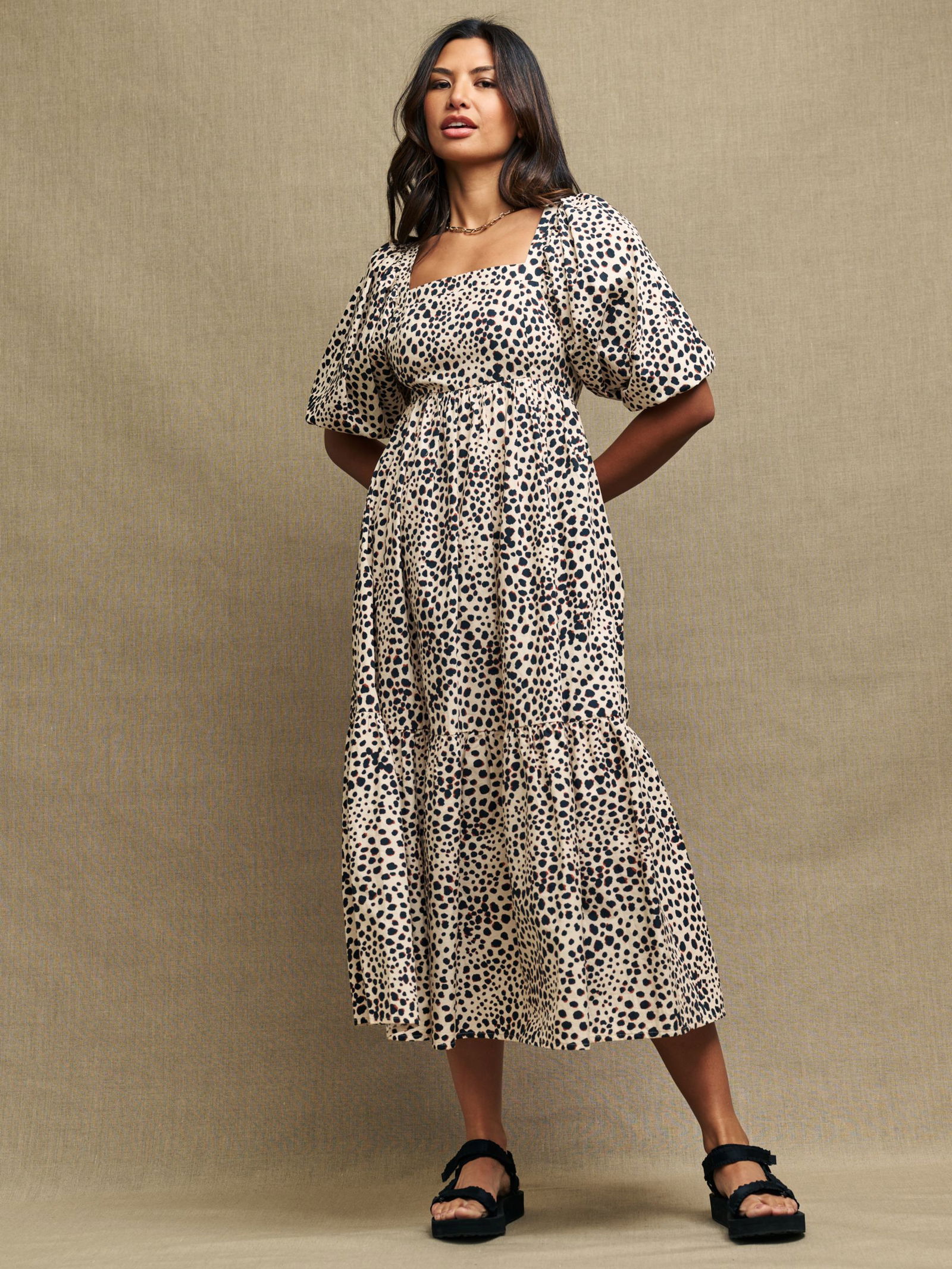 NOBODY'S CHILD Ayla Animal Spot Print Midi Dress in Animal Spot Cream ...