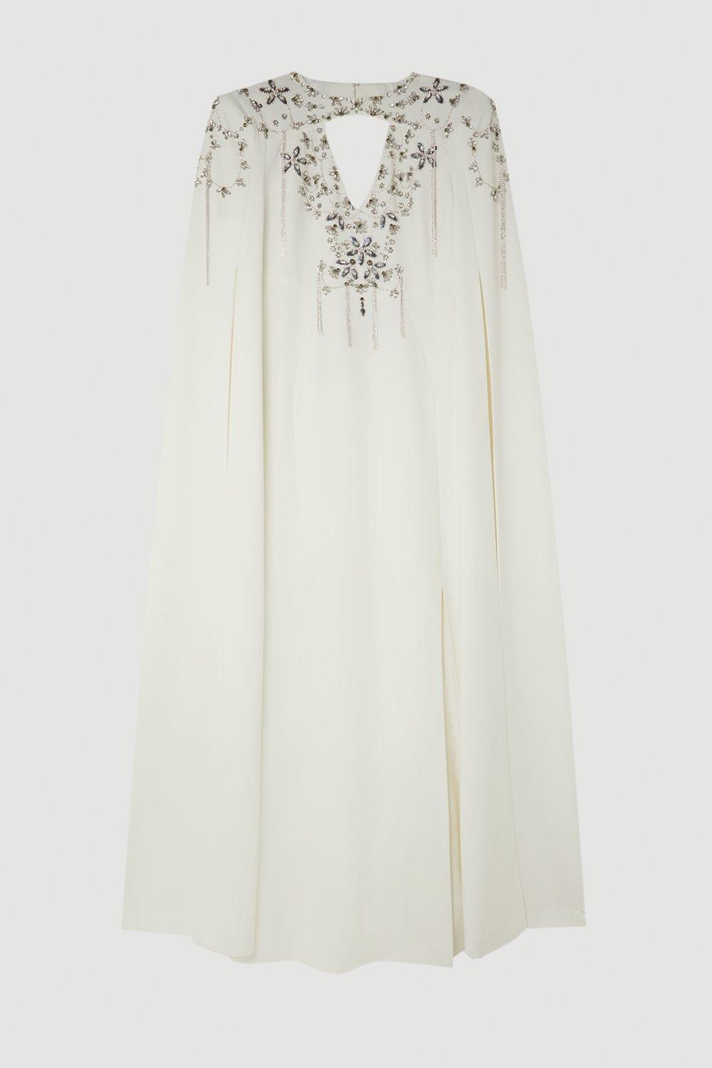 Karen Millen Crystal Embellished Cady Woven Cape Maxi Dress In Ivory