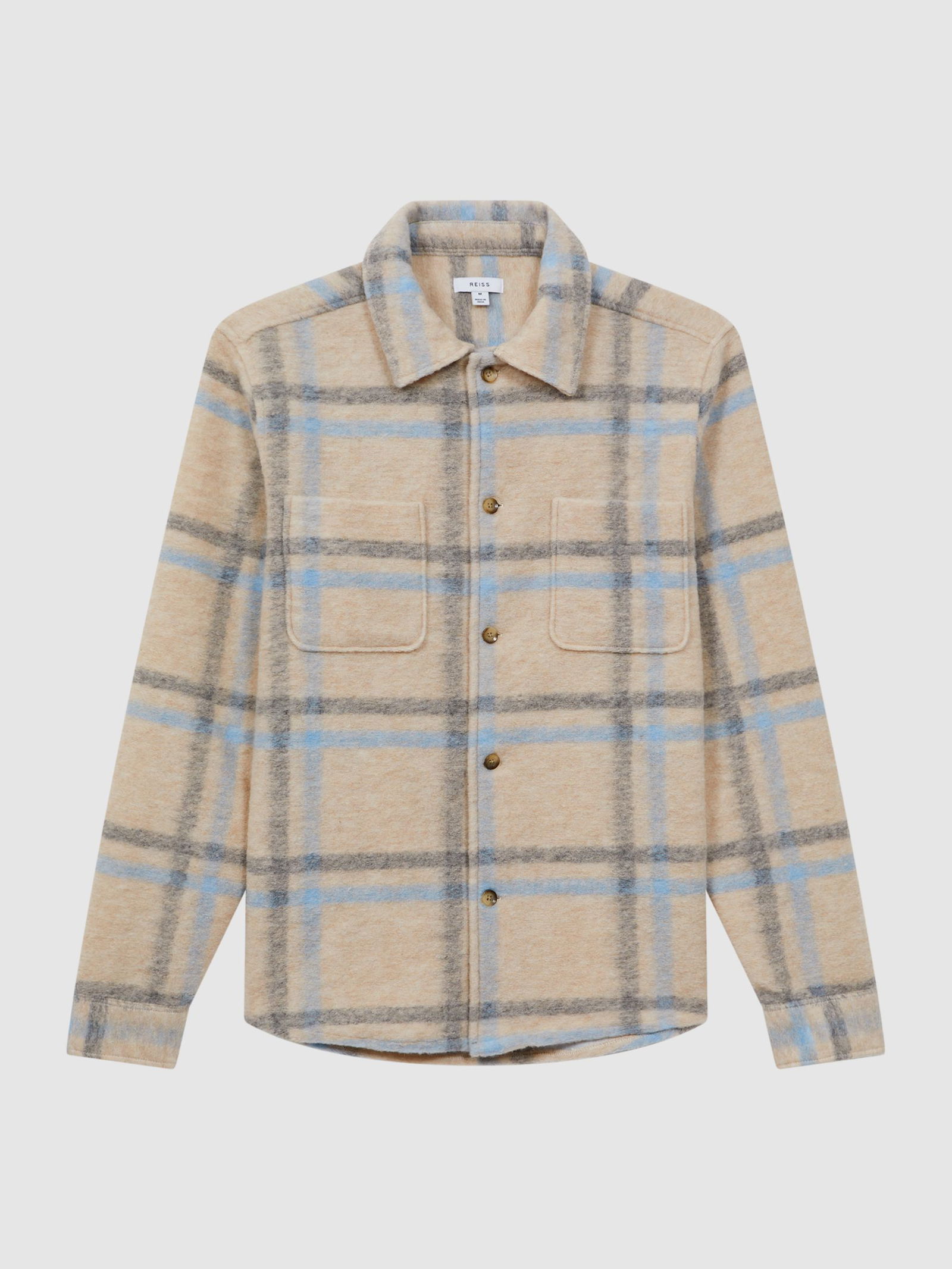 REISS Joe Wool Blend Check Overshirt in Oatmeal/Soft Blue | Endource