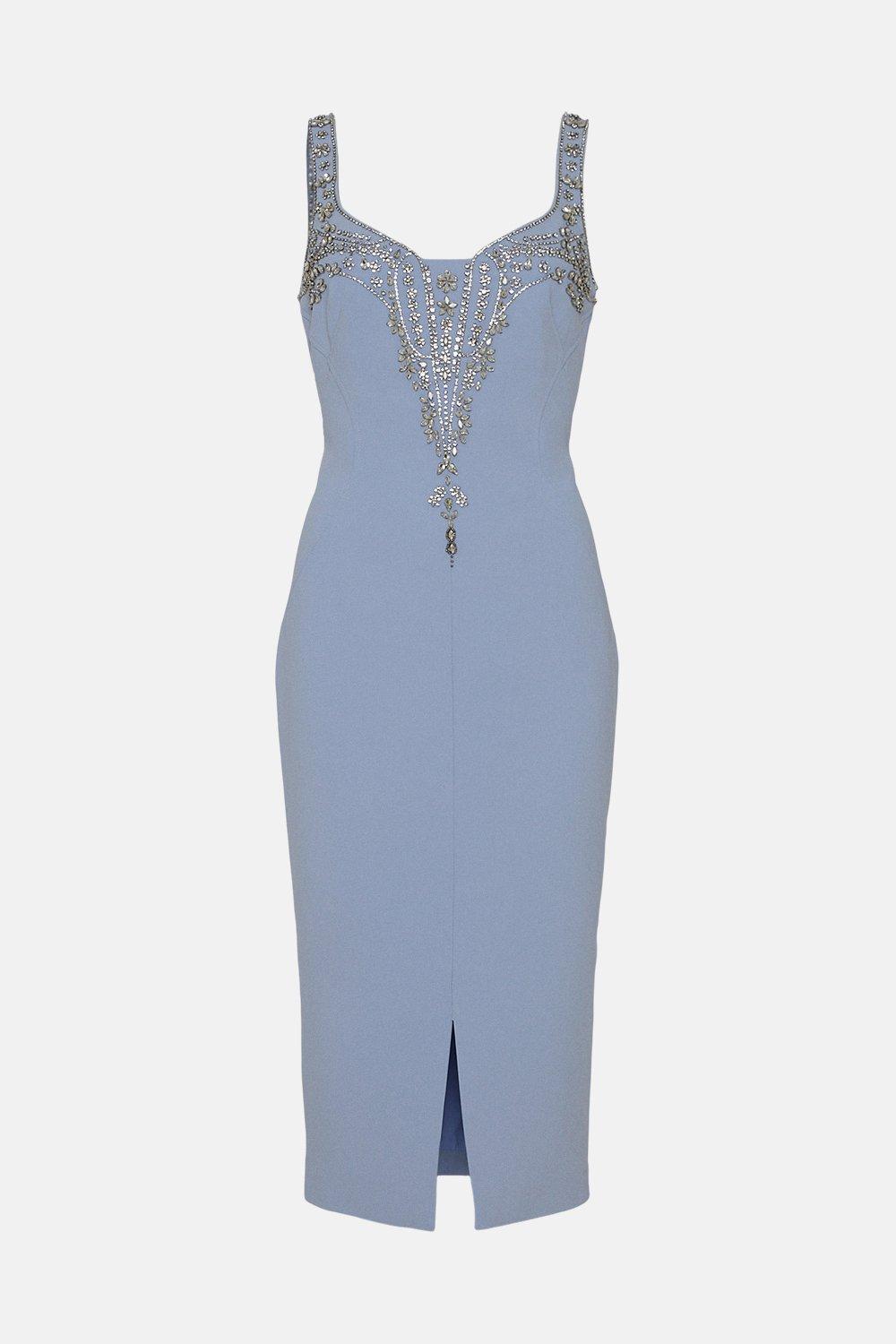 Karen Millen Crystal Embellished Cady Midi Woven Bodycon Dress In Pale