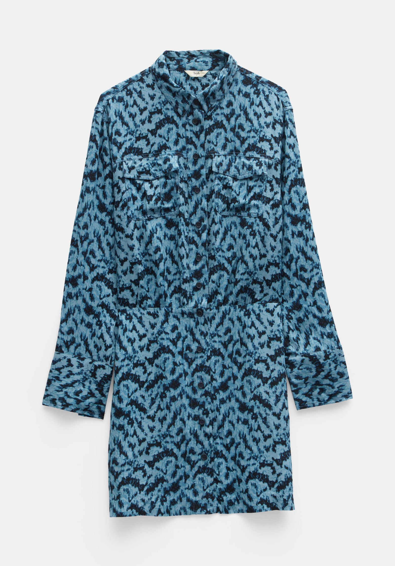 HUSH Maia Printed Mini Utility Dress in Mono Texture Blue | endource