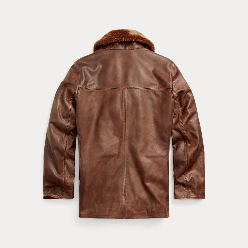 RALPH LAUREN RRL Shearling-Collar Leather Ranch Coat in Brown | Endource