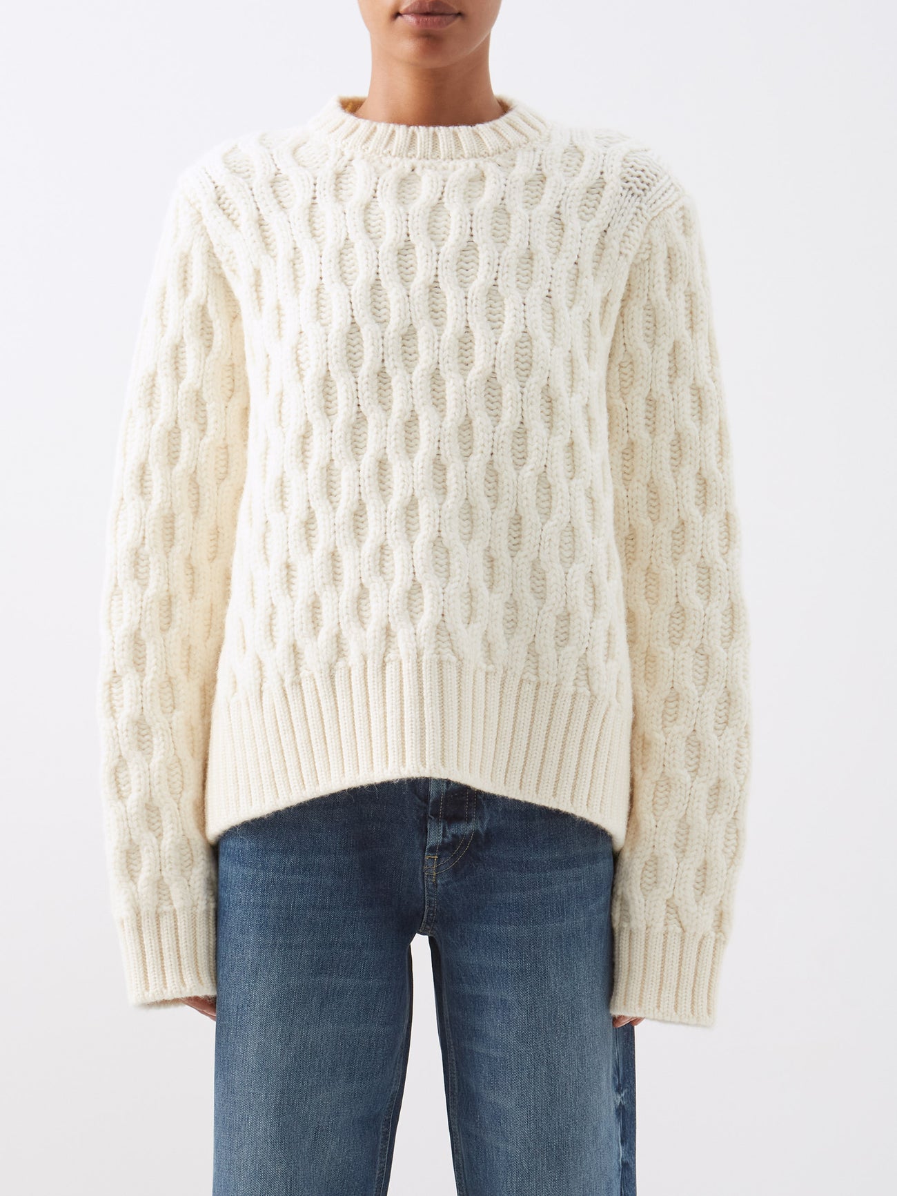 RAEY Organic-Wool Blend Cable Knit Sweater in Ivory | Endource