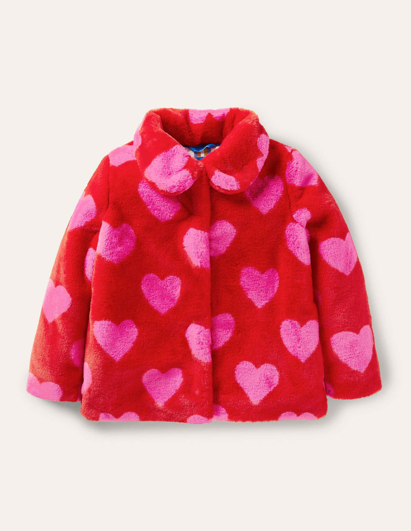 BODEN Faux Fur Coat in Rockabilly Red/Pink Hearts | Endource