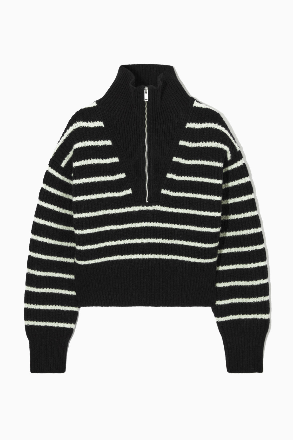 COS Half-Zip Funnel-Neck Wool Jumper in BLACK / WHITE / STRIPED | endource