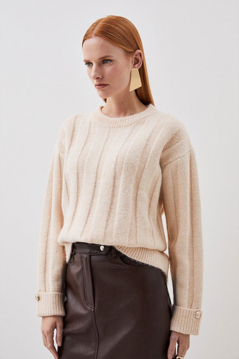 KAREN MILLEN Wool Blend Cosy Flat Rib Knit Jumper in Ivory | endource