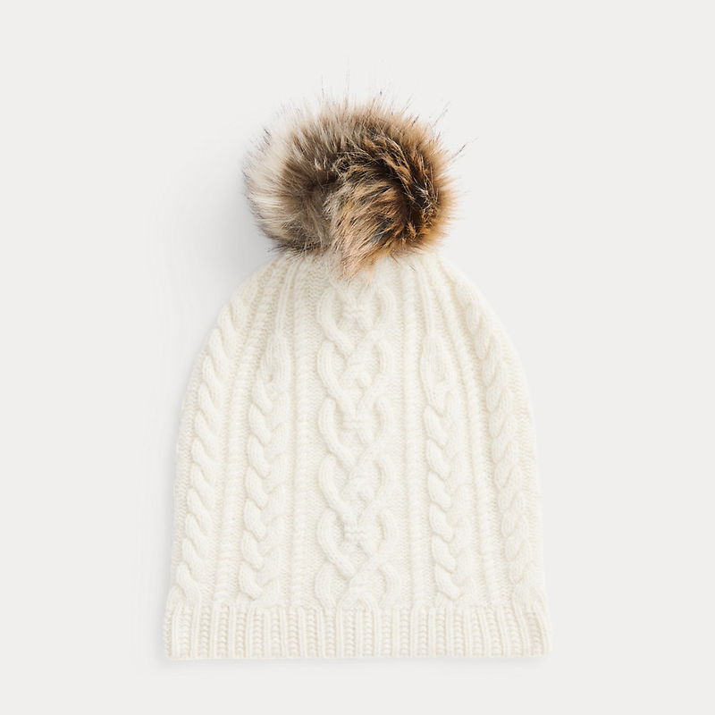 RALPH LAUREN Aran-Knit Wool-Blend Pom-Pom Hat in Cream | Endource