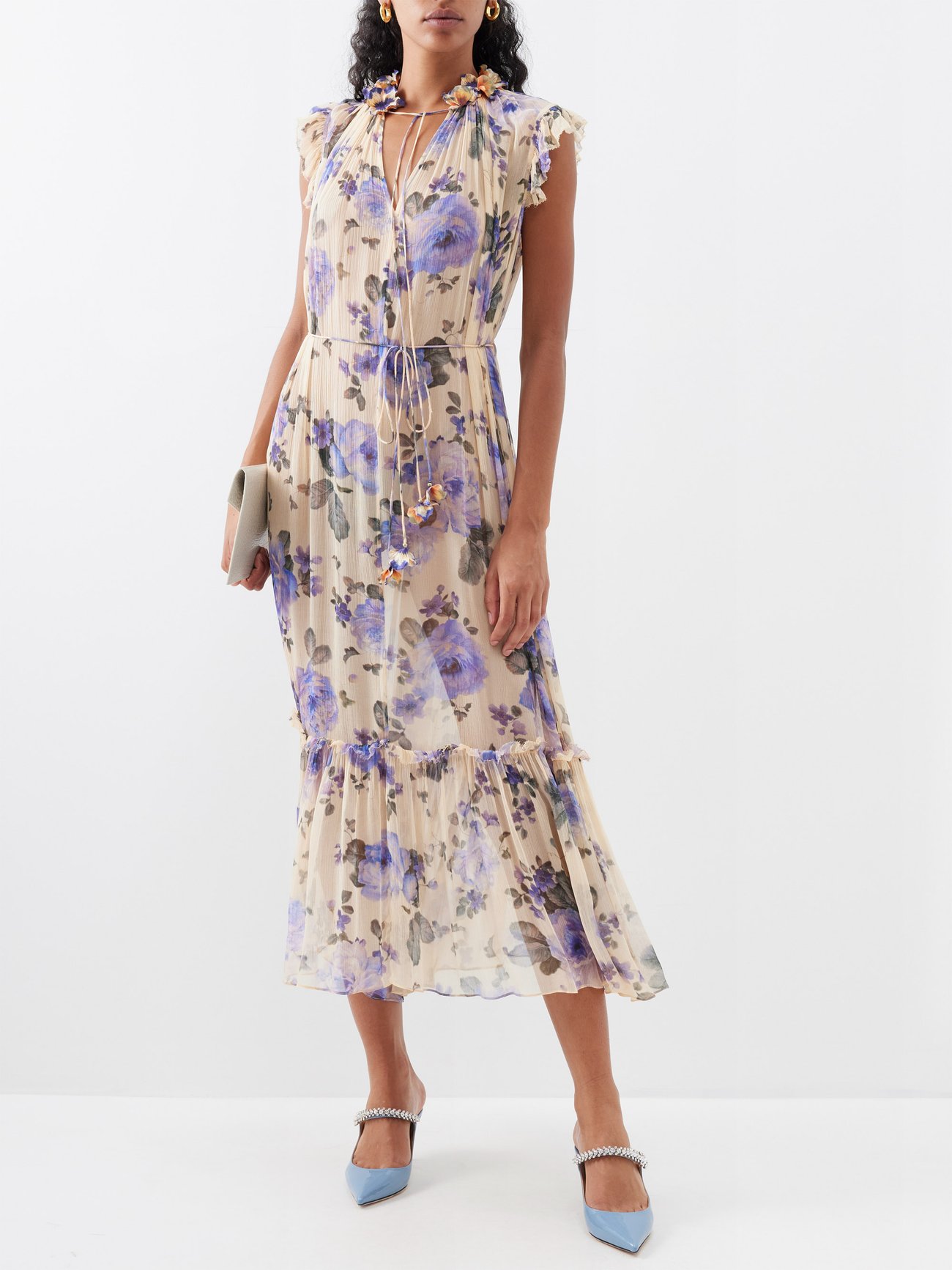 ZIMMERMANN Flutter Floral-Print Crepe Midi Dress in Cream | endource