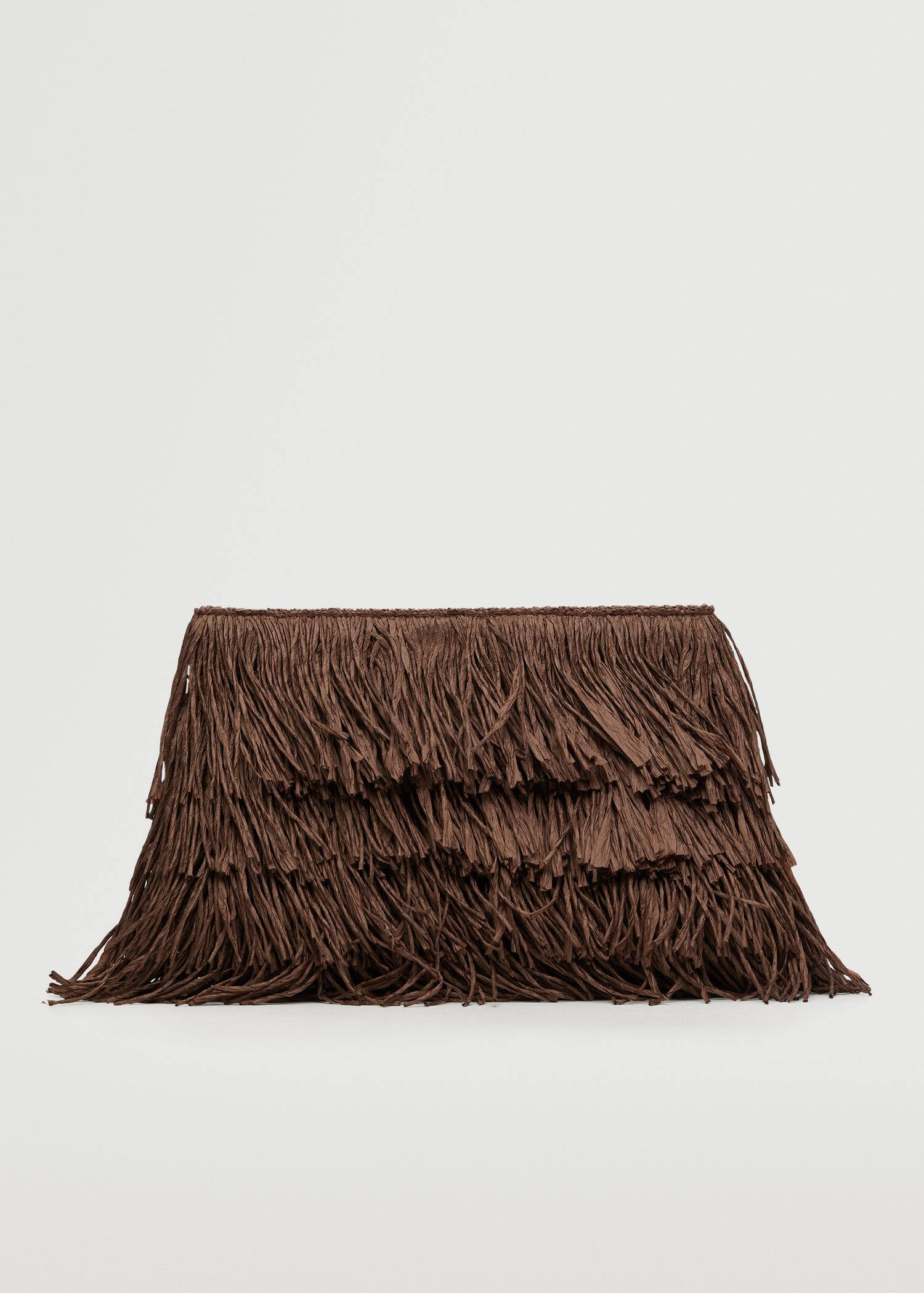 MANGO Fringed Raffia Bag in Chocolate | Endource