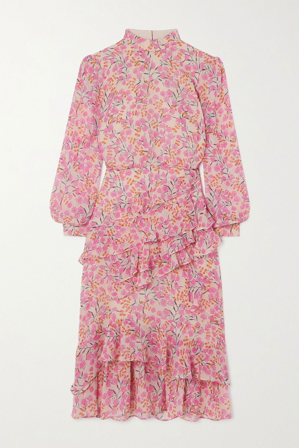 SALONI Isa Tiered Ruffled Silk-Chiffon Midi Dress in Orange | Endource