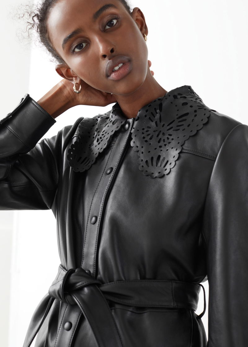 & OTHER STORIES Belted Laser Cut Leather Jacket in Black | endource