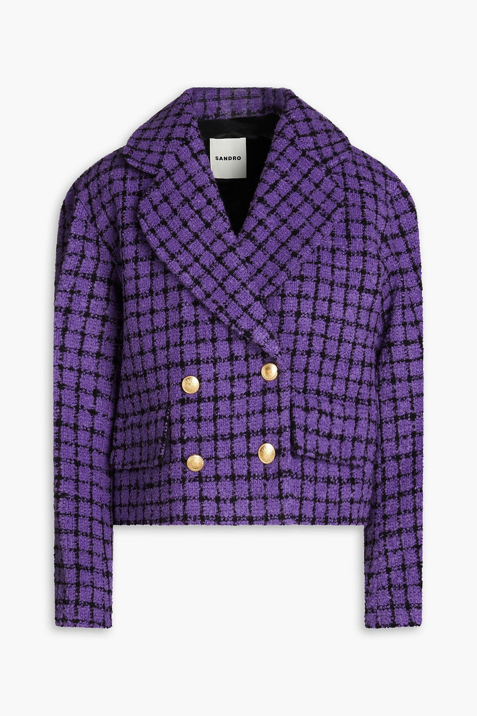 SANDRO Simona Double-Breasted Bouclé-Tweed Blazer in Purple | endource SANDRO Simona Double-Breasted Bouclé-Tweed Blazer in Purple | endource