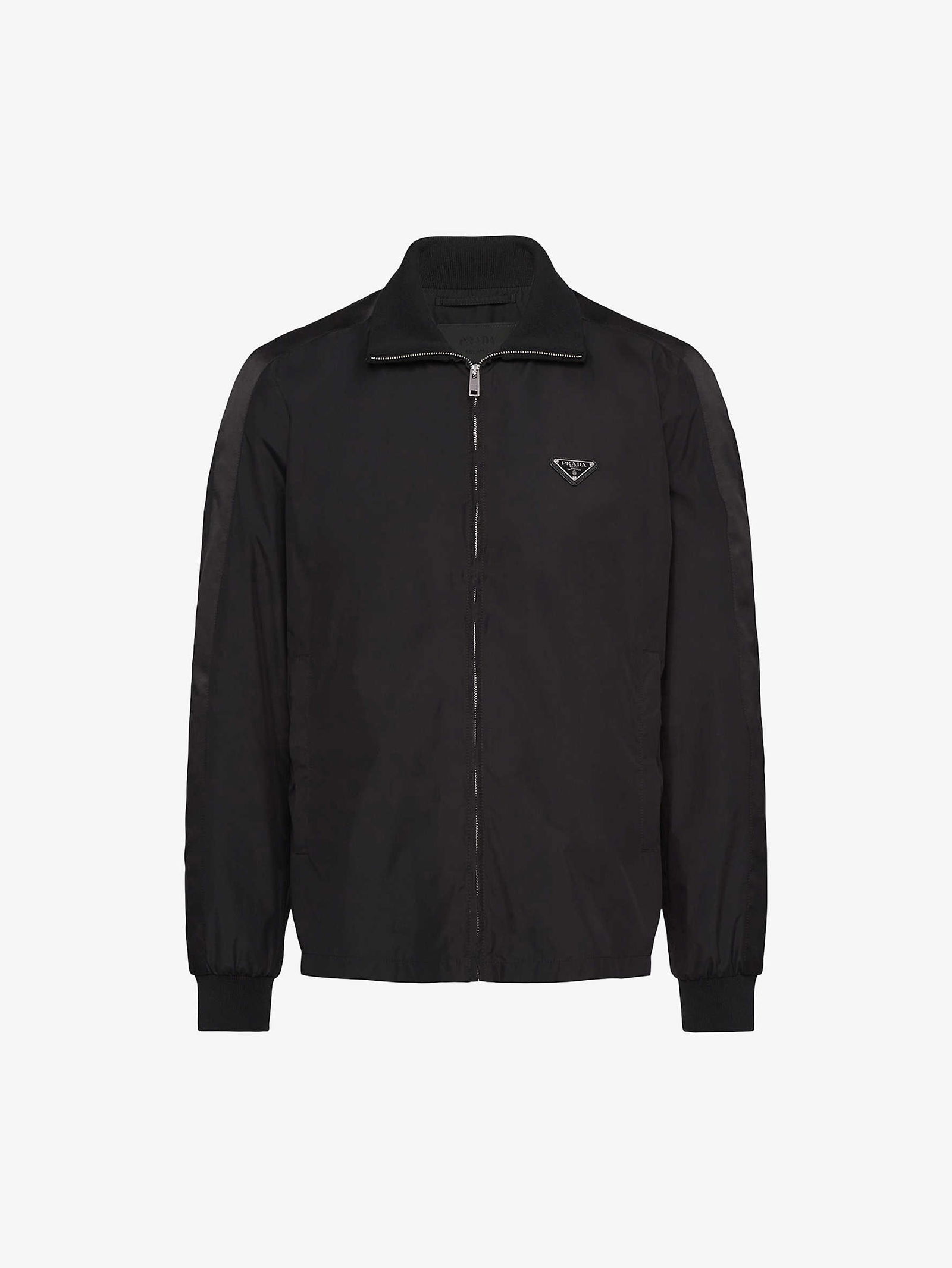 PRADA Brand-Patch Spread-Collar Silk-Blend Jacket in BLACK | endource