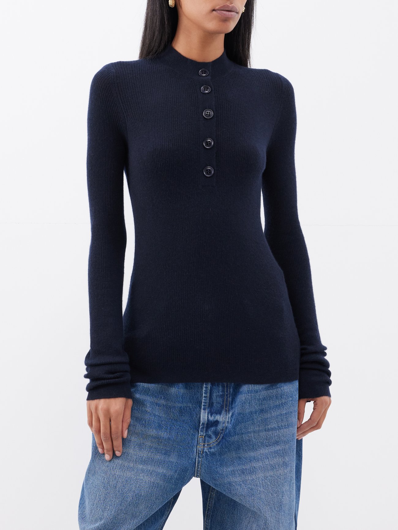 RAEY Sheer Ribbed-Knit Button-Up Cashmere Jumper in Navy | endource