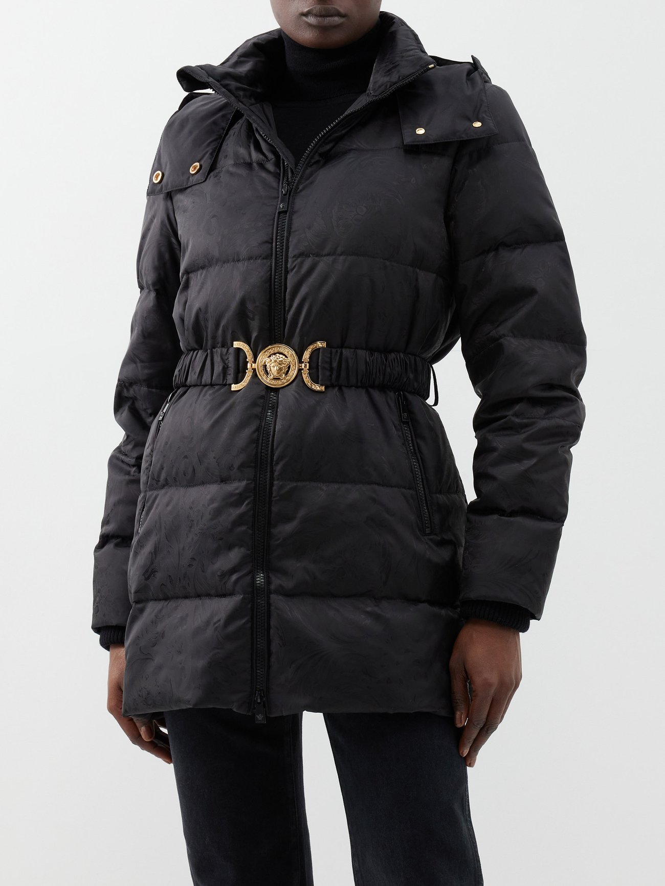 Versace Barocco-Jacquard Belted Padded Coat in Black | endource