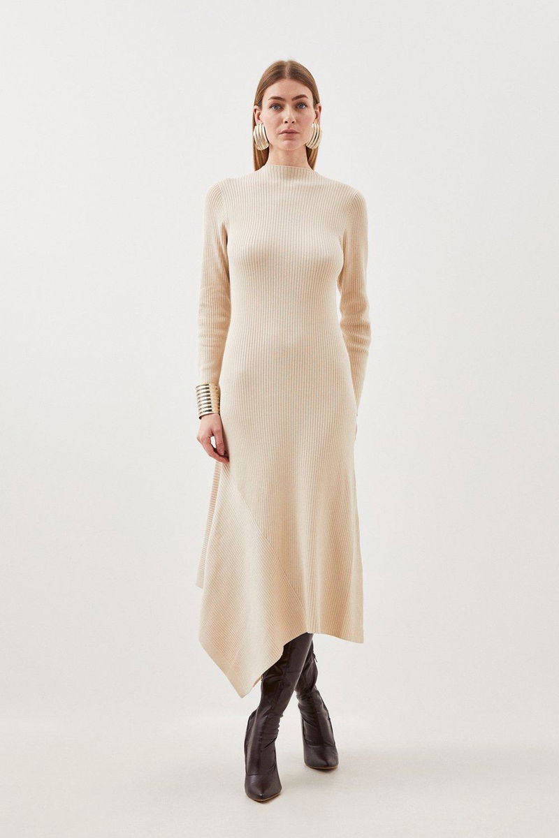 Karen Millen Viscose Blend Rib Knit Midaxi Dress In Natural Endource