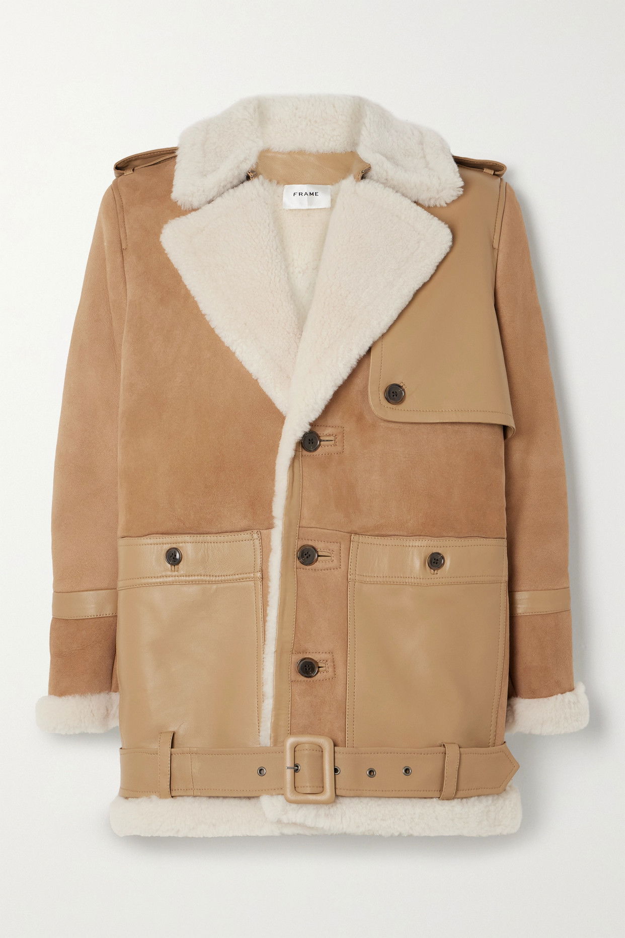 FRAME Belted Leather-Trimmed Shearling Jacket in Neutrals | Endource