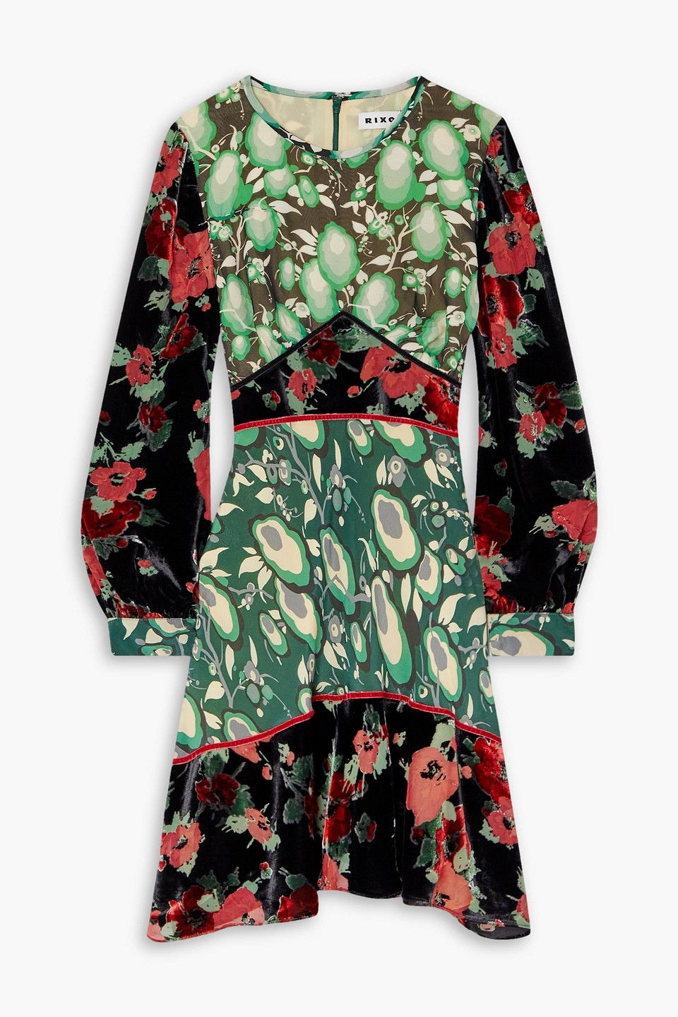 RIXO Edith Floral-Print Silk Crepe De Chine And Devoré-Velvet Mini Dress in Black | endource