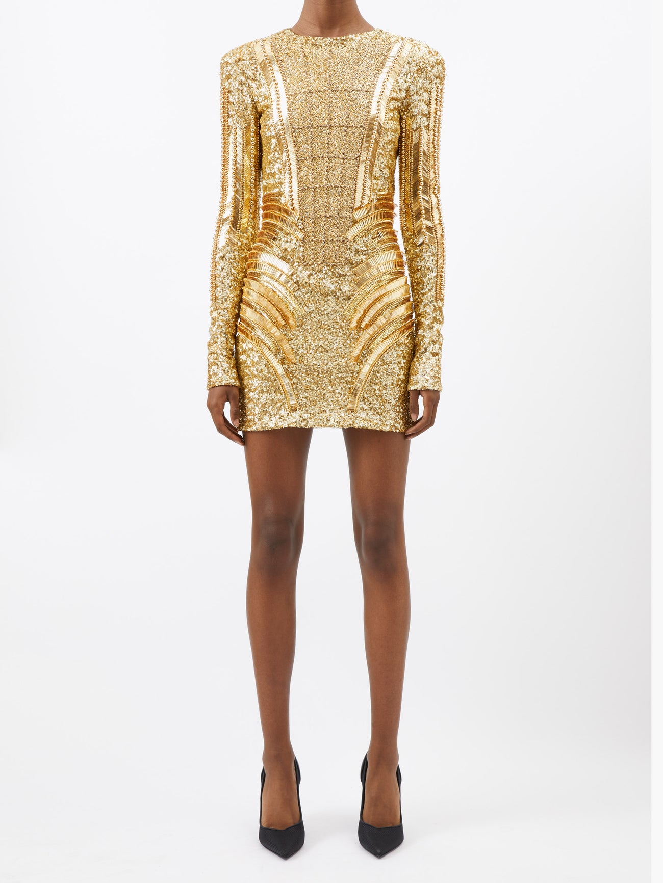 BALMAIN Sequinned Long-Sleeved Dress in Gold | Endource