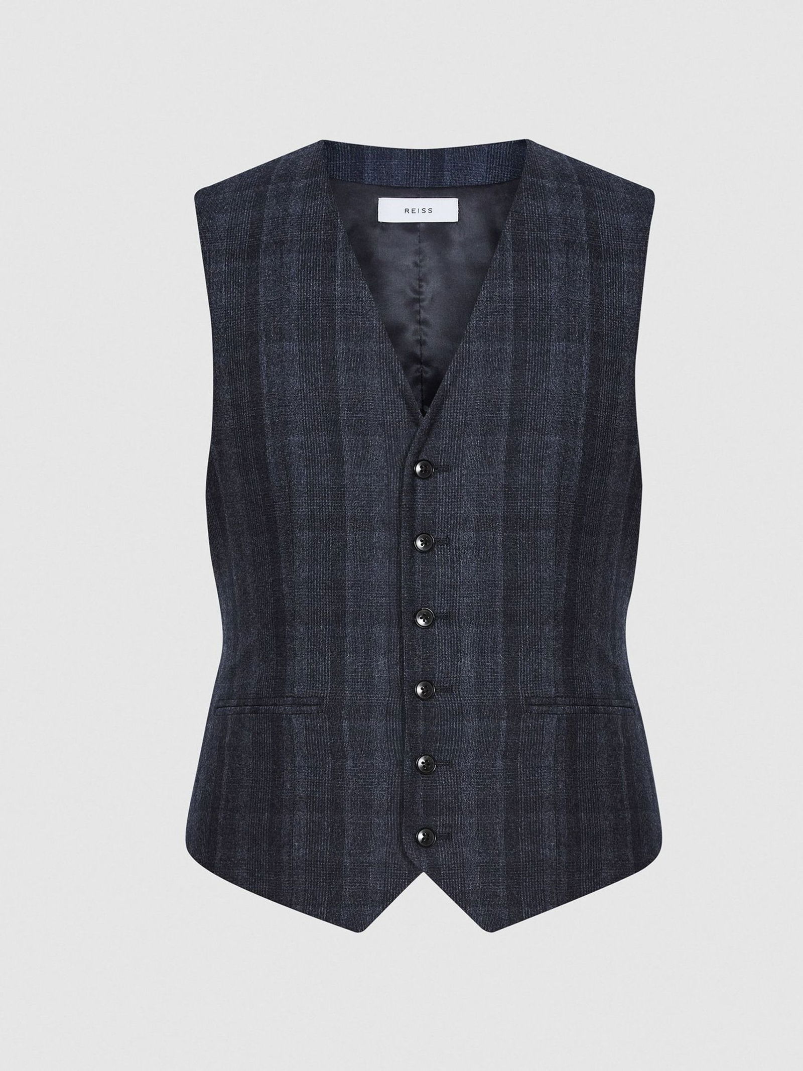 REISS Oxsted Wool Checked Waistcoat in Navy | endource