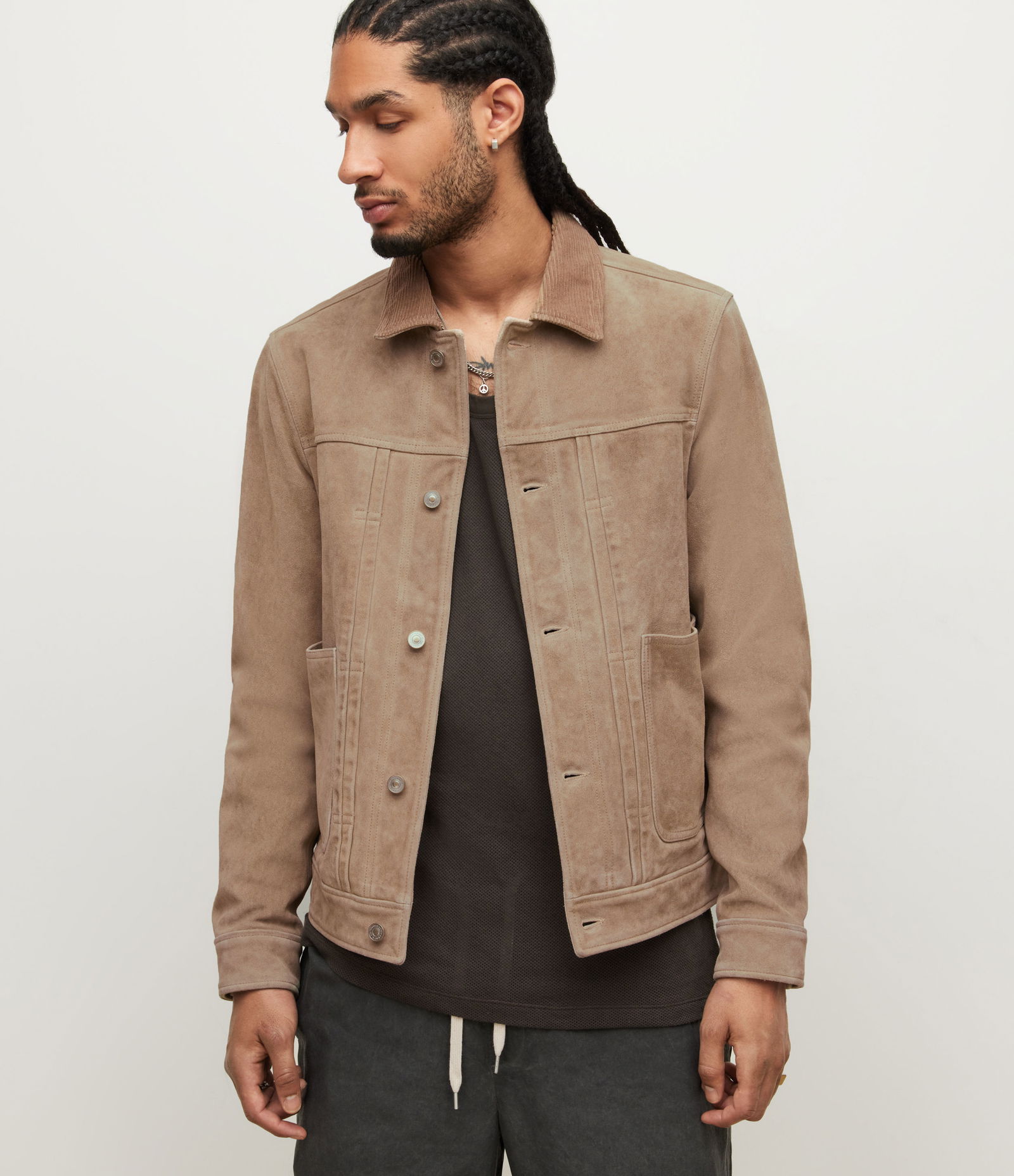 ALLSAINTS Fuse Suede Trucker Jacket in Fawn Beige | endource