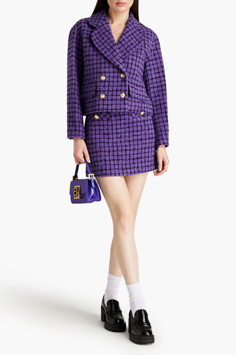SANDRO Simona Double-Breasted Bouclé-Tweed Blazer in Purple | endource SANDRO Simona Double-Breasted Bouclé-Tweed Blazer in Purple | endource