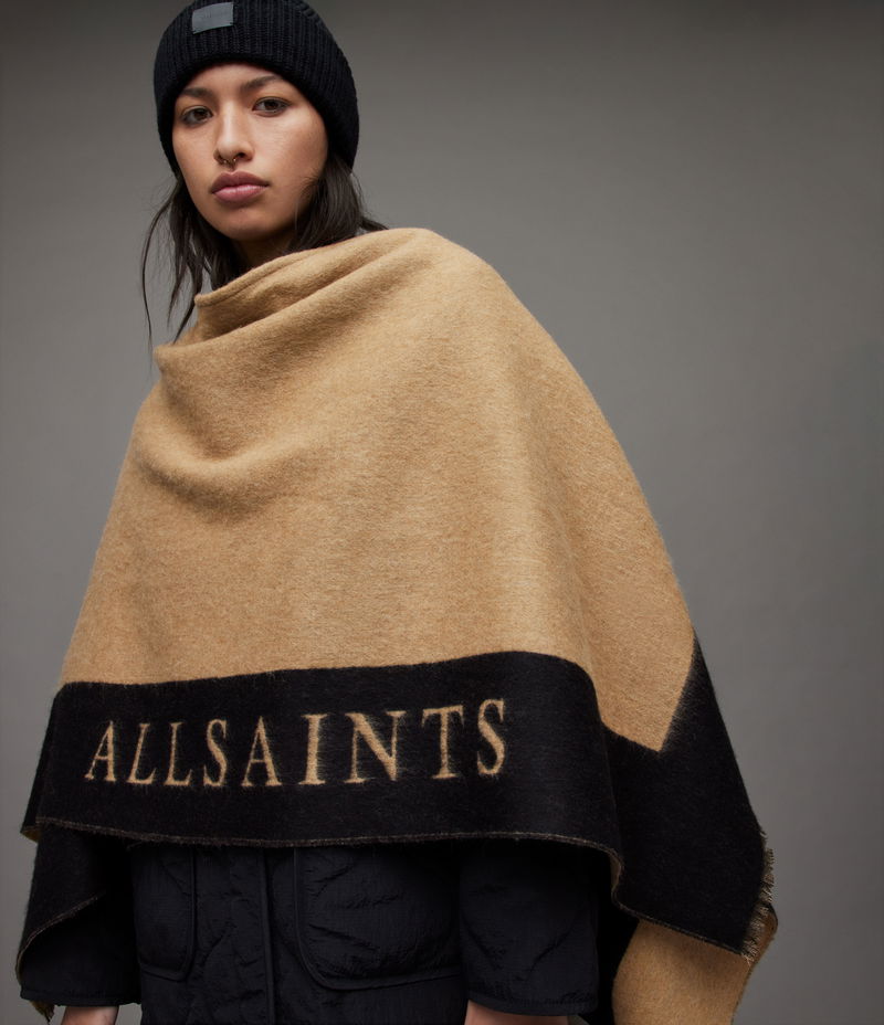 ALLSAINTS Saints Border Ruana Wool Scarf in Camel/Black | endource