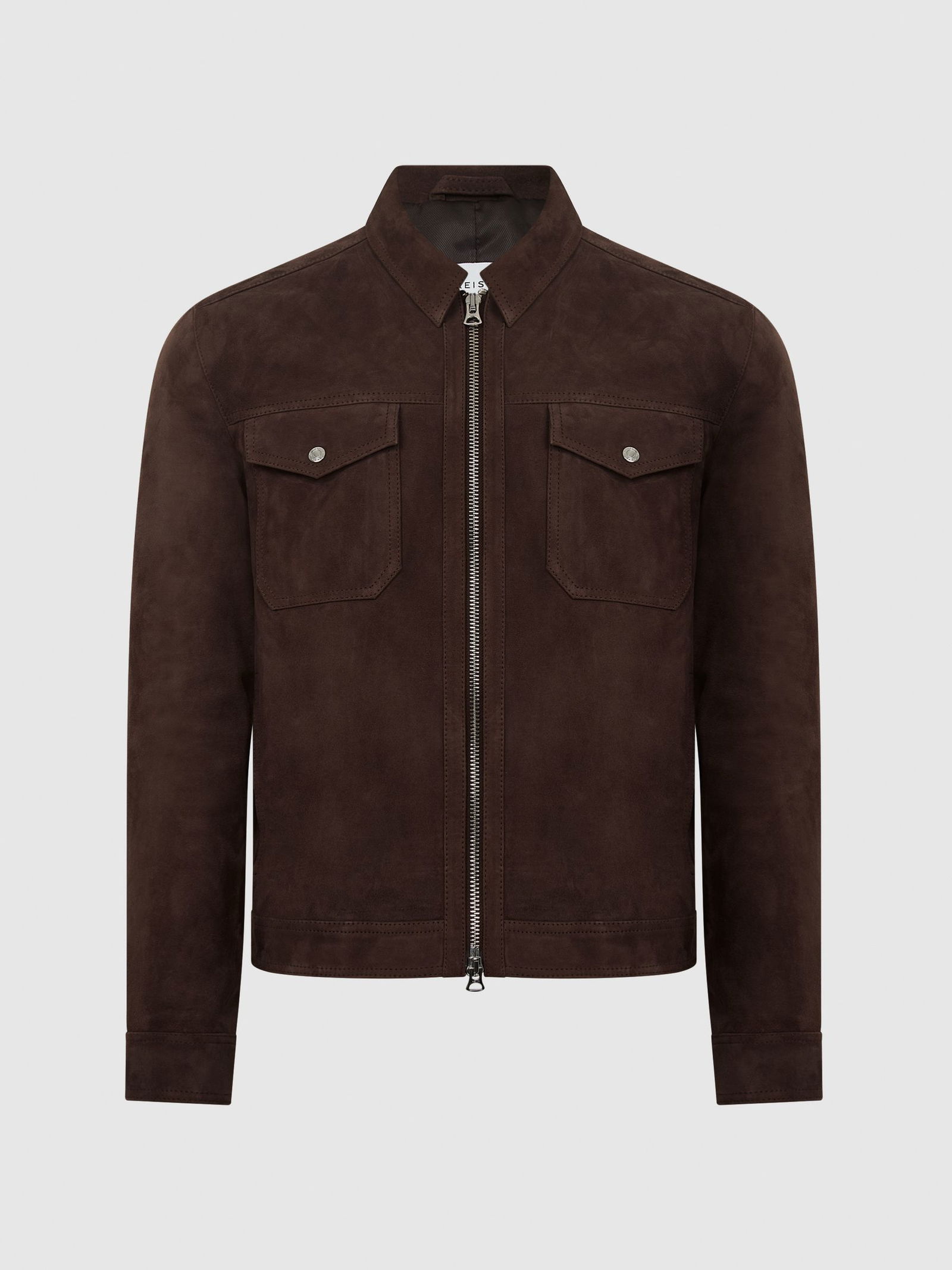 REISS Riley Suede Jacket in Chocolate | endource