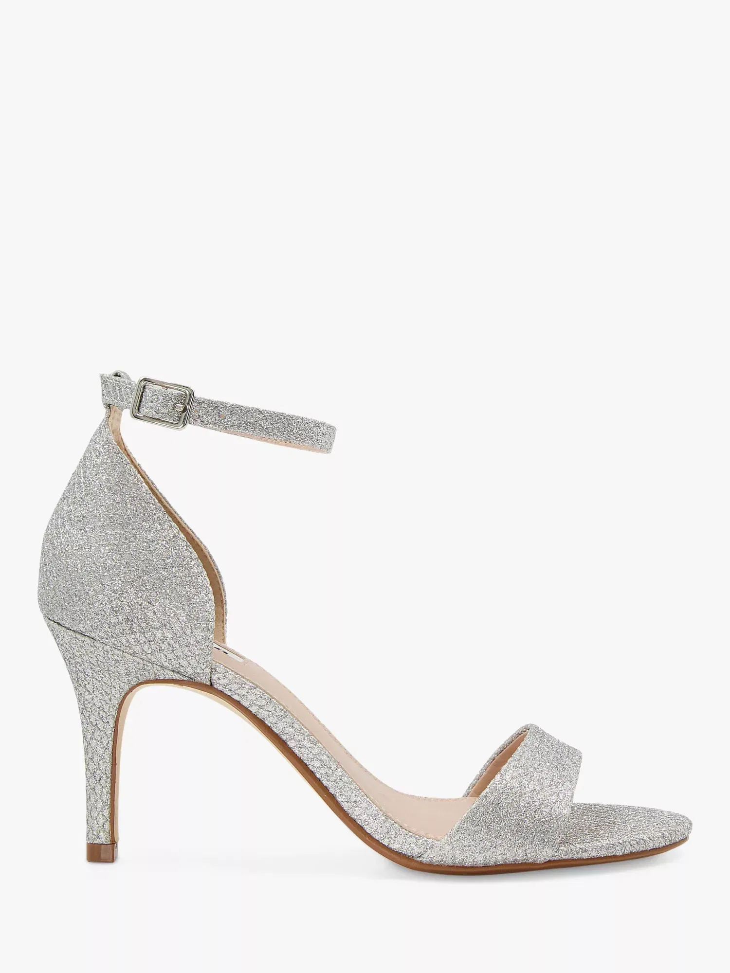 DUNE Mateo Fabric Stiletto Heeled Sandals in Silver | endource