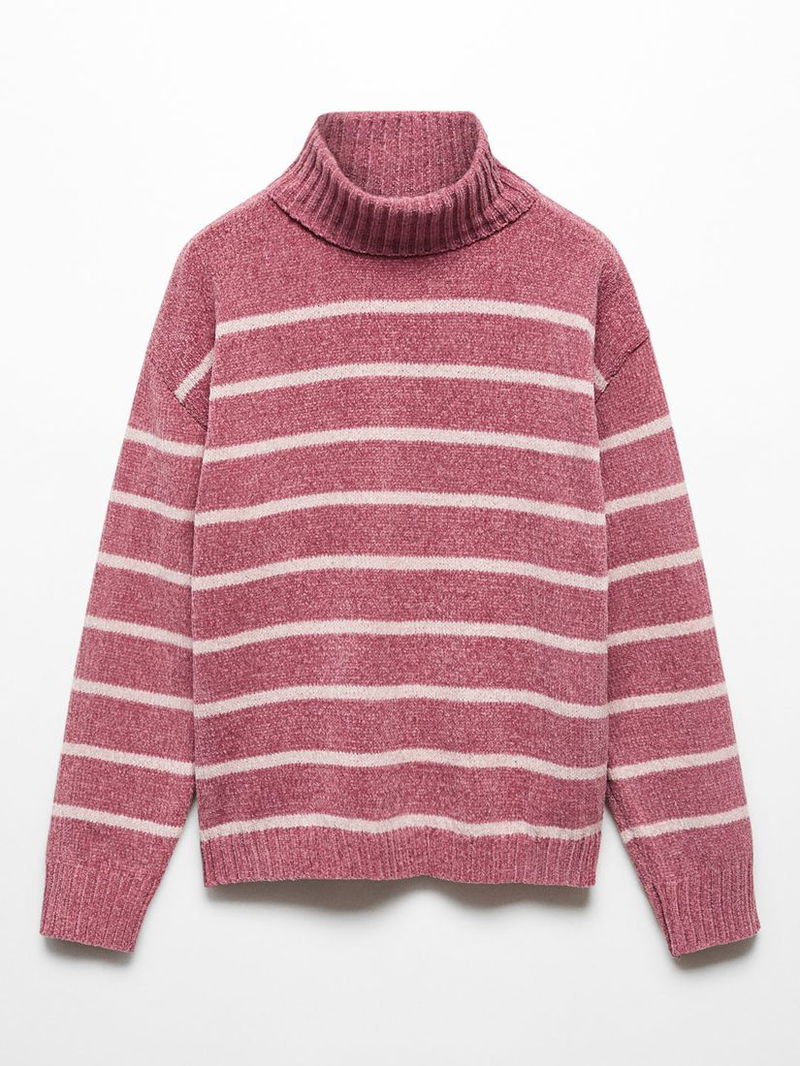 MANGO Fabiola Stripe Oversized Turtle Neck Jumper in Medium Pink | endource