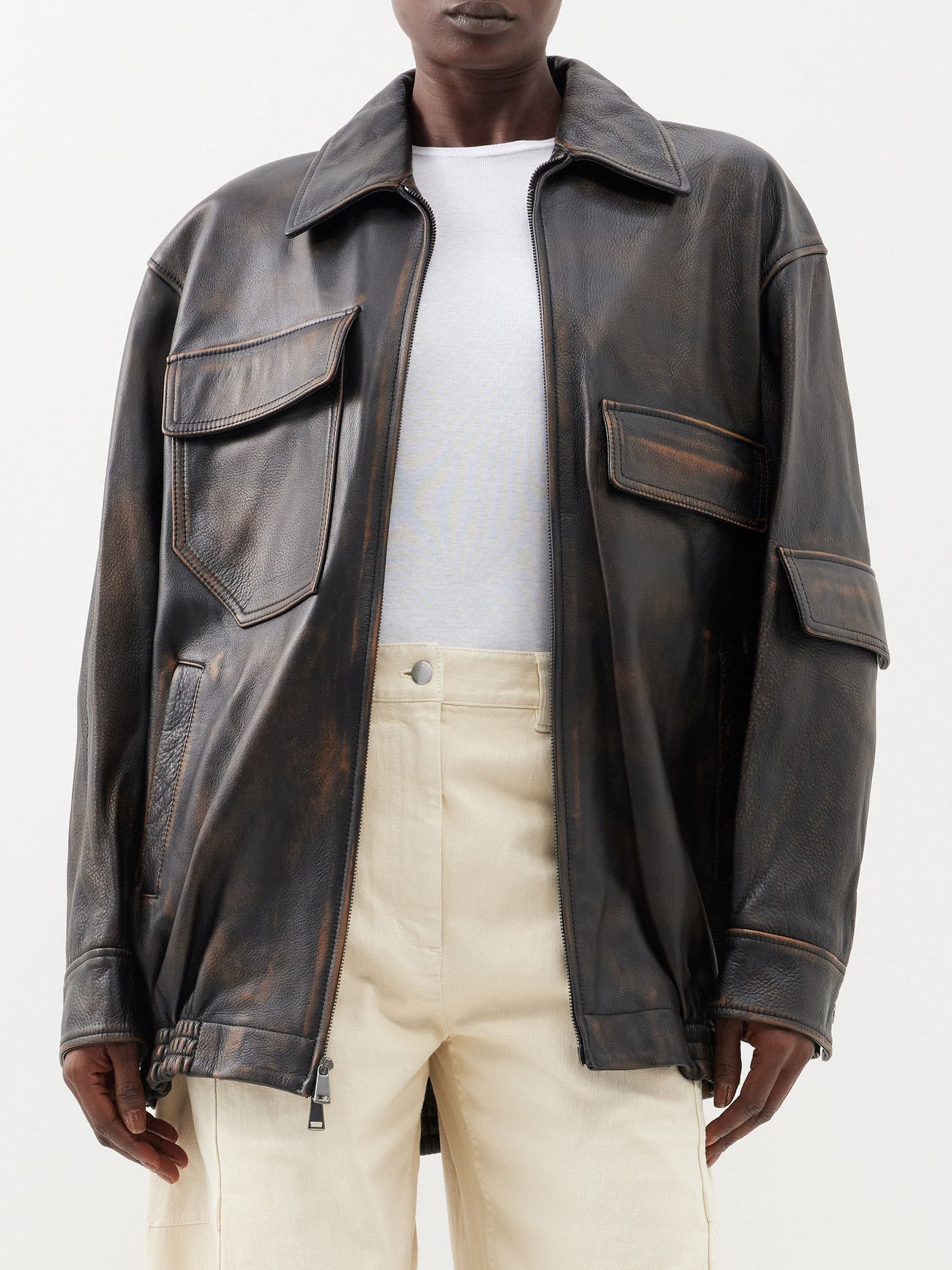 TIBI Oversized Worn-Leather Aviator Jacket in Brown | Endource