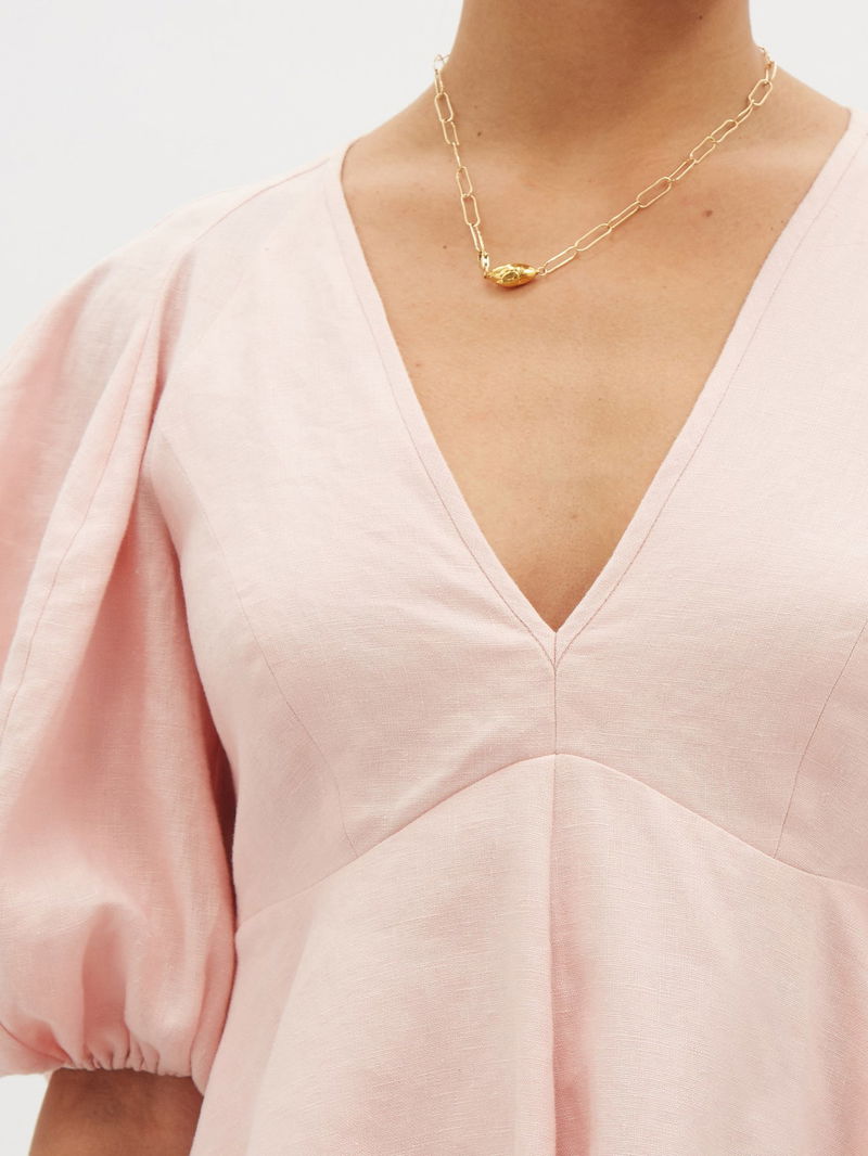 ZIMMERMANN Dancer Puff-Sleeve Linen Mini Dress in Pink | endource