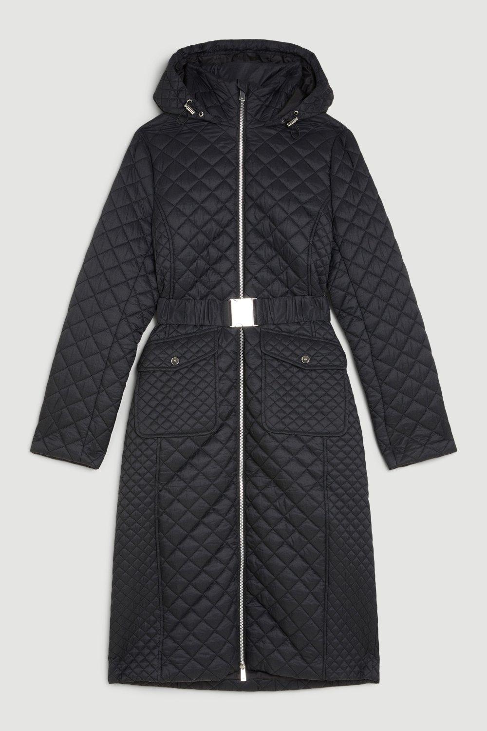 KAREN MILLEN Lightweight Diamond Quilt Belted Hooded Longline Coat in ...