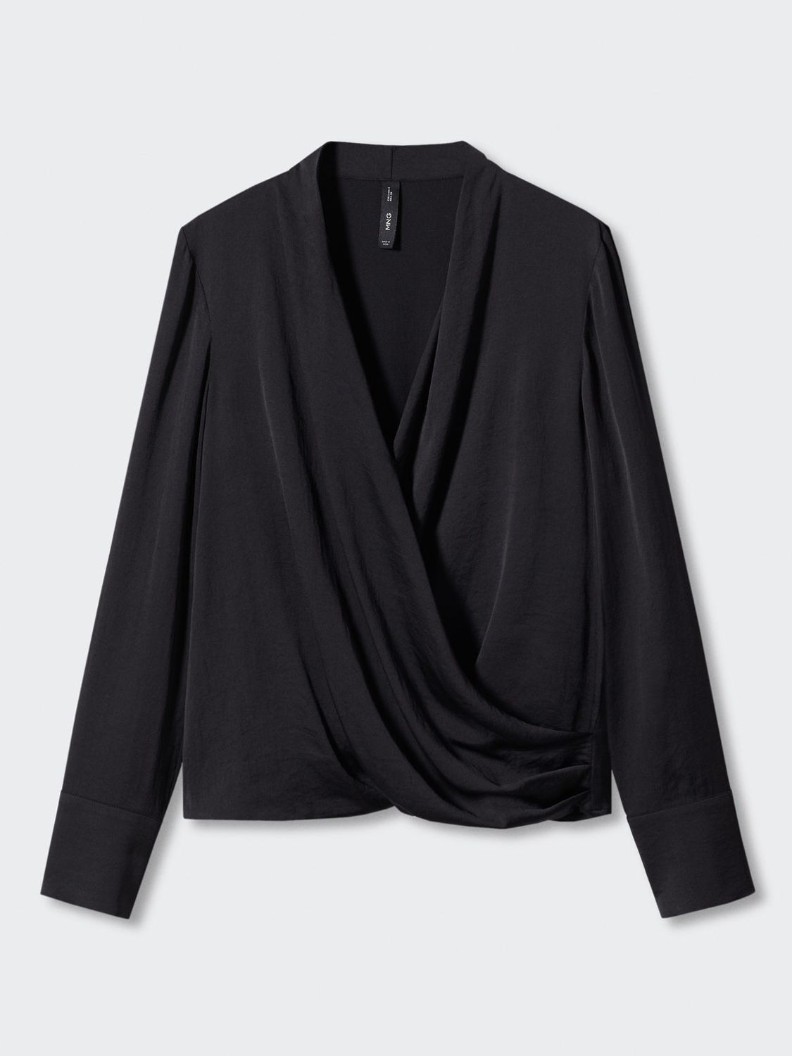 MANGO Cruise Satin Wrap Front Blouse in Black | endource