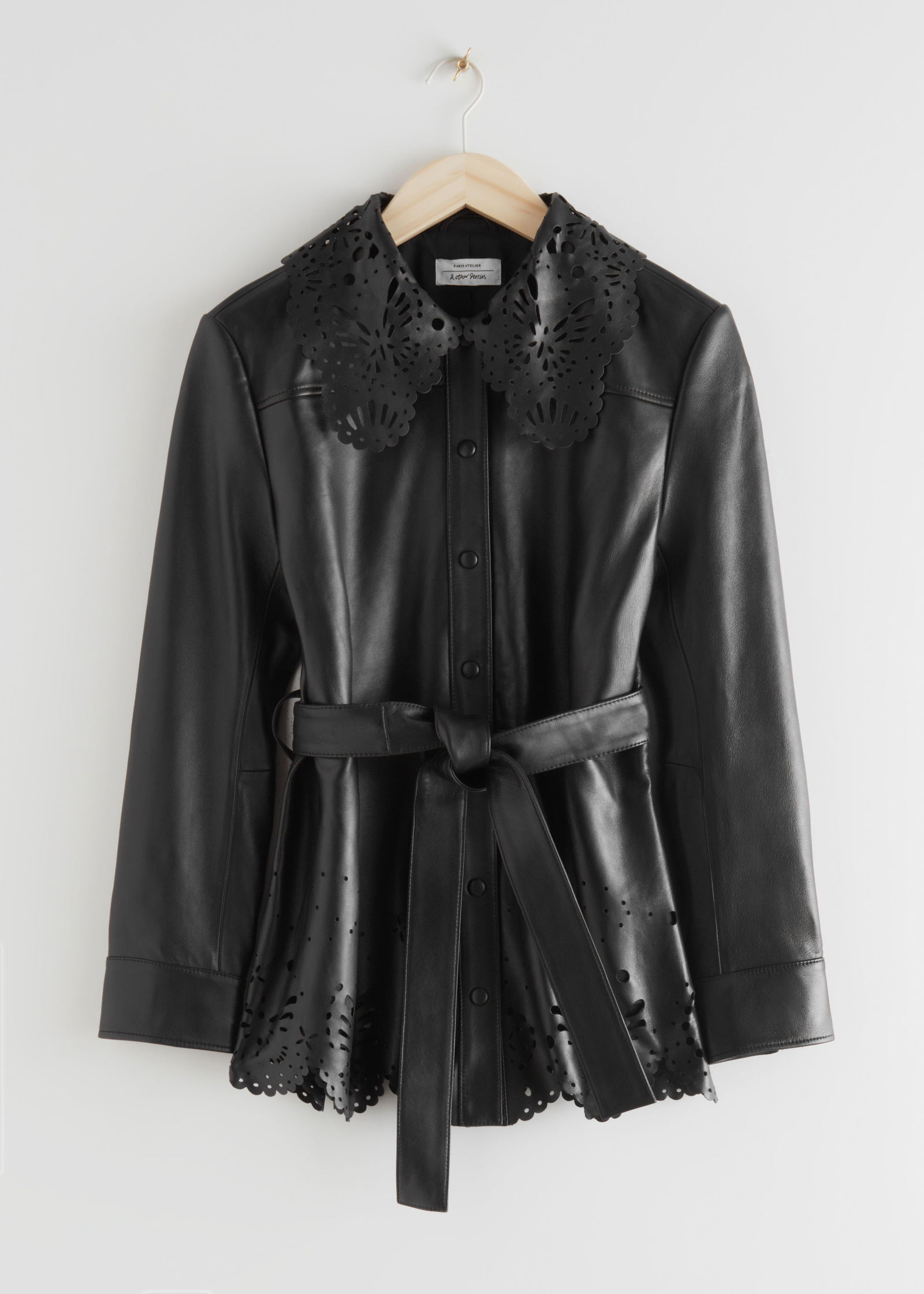 & OTHER STORIES Belted Laser Cut Leather Jacket in Black | endource