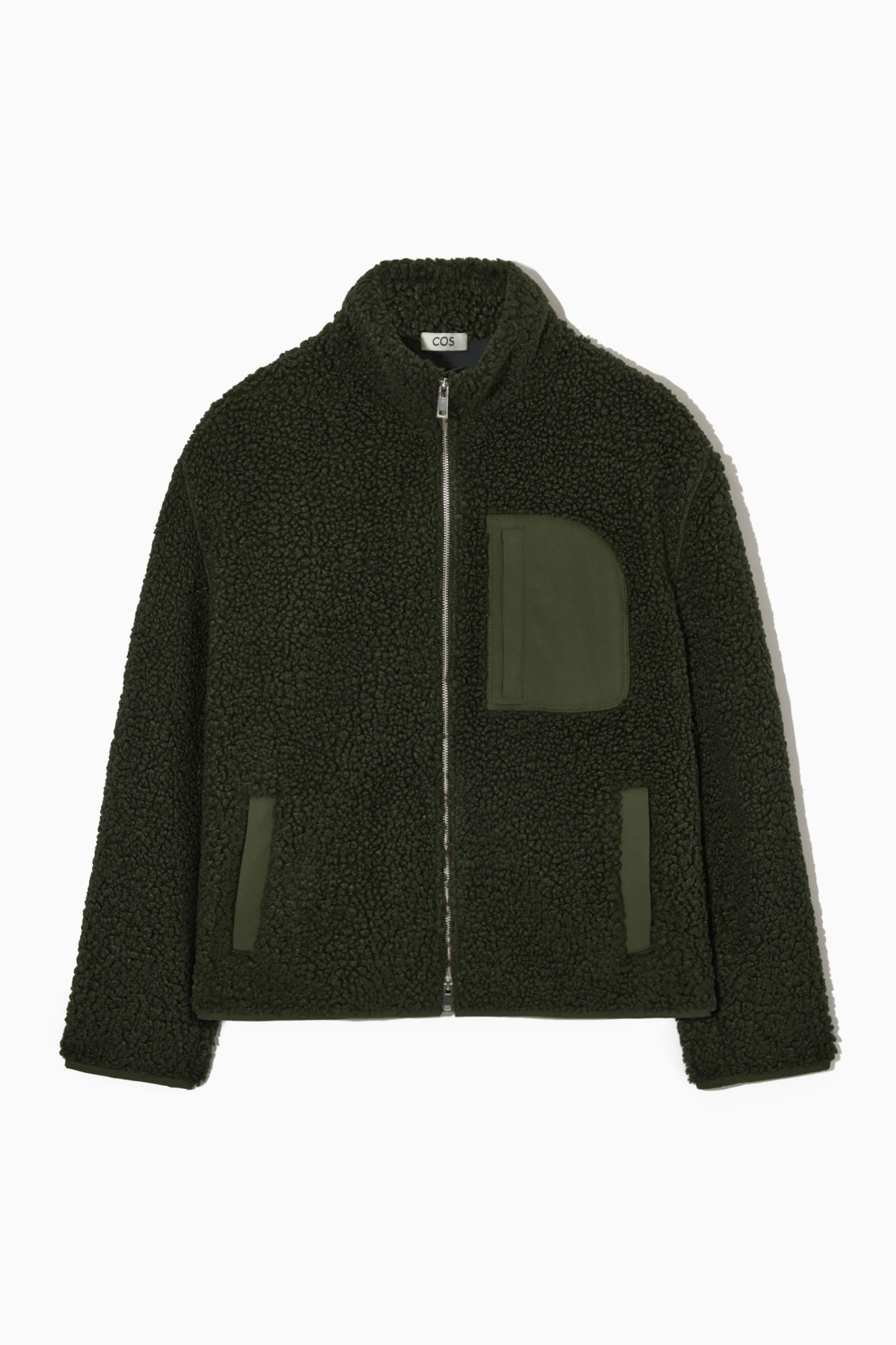 COS Relaxed-Fit Teddy Zip-Up Jacket in DARK GREEN | endource