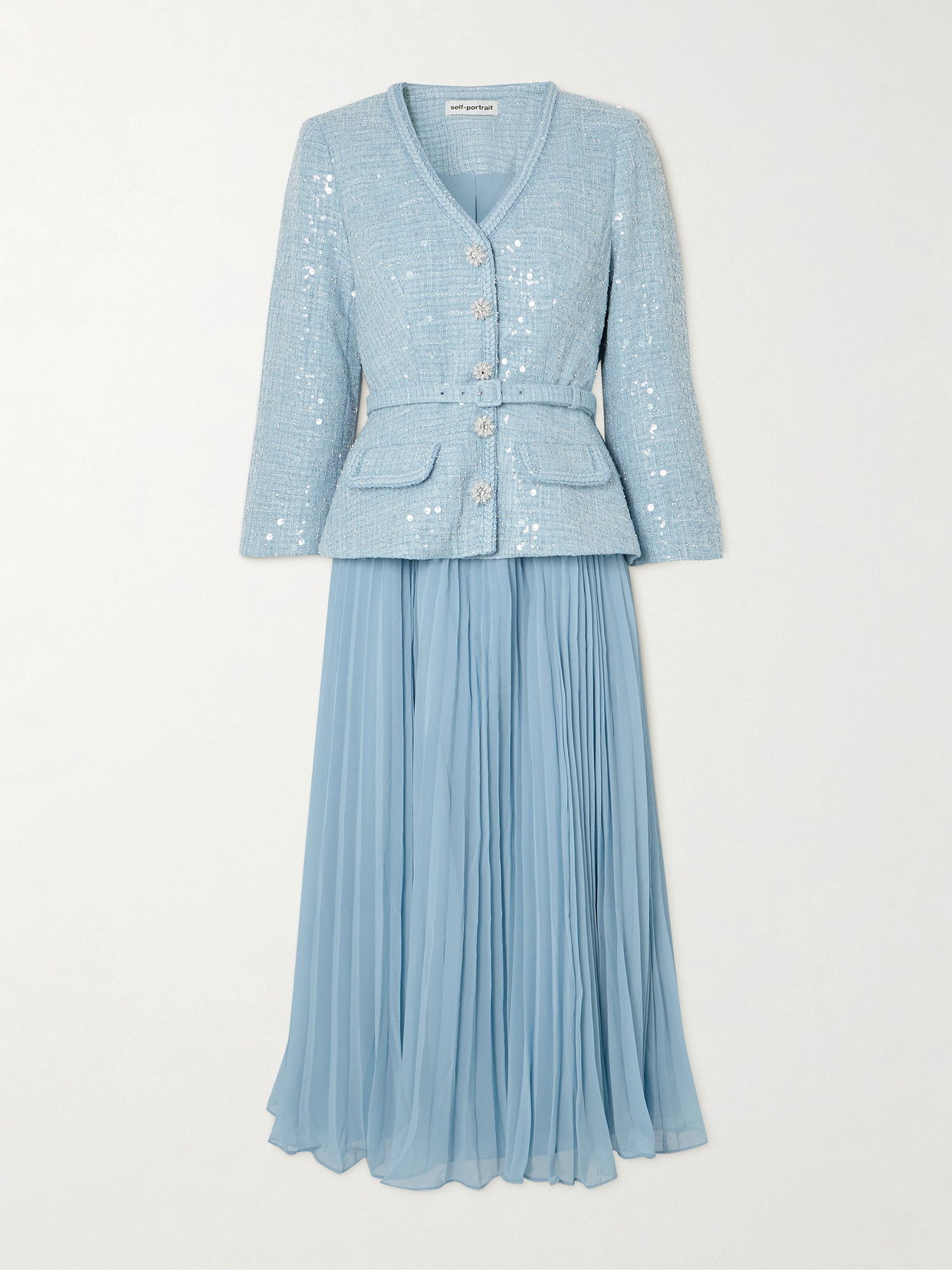 SELF-PORTRAIT Embellished Sequined Bouclé And Pleated Chiffon Midi Dress in Blue | Endource