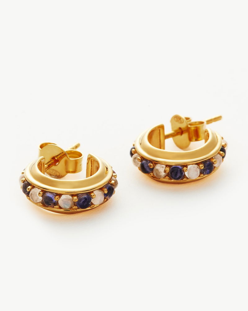 MISSOMA Hot Rox Gemstone Mini Hoop Earrings in 18ct Gold Vermeil/Rainbow Moonstone & Iolite ...
