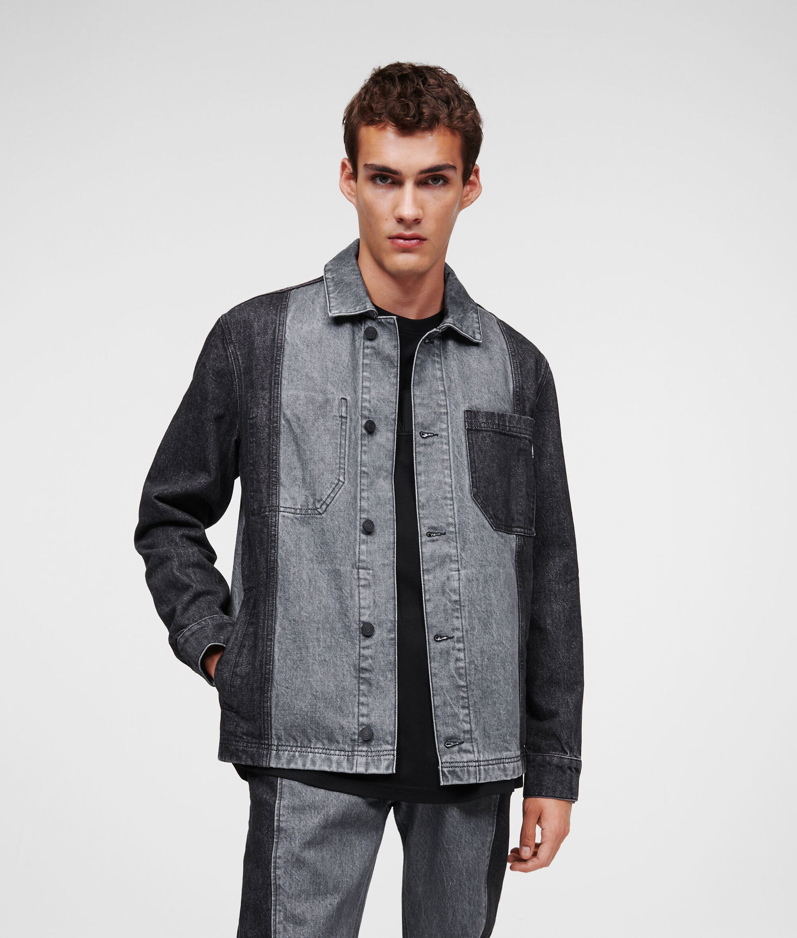 KARL LAGERFELD Colour-Block Denim Jacket in Dark Grey/Light Grey Denim ...
