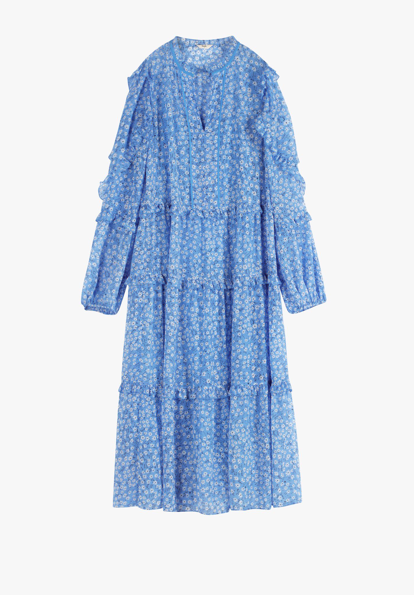 HUSH Pearl Tiered Midi Dress in Daisy Dot Blue | endource