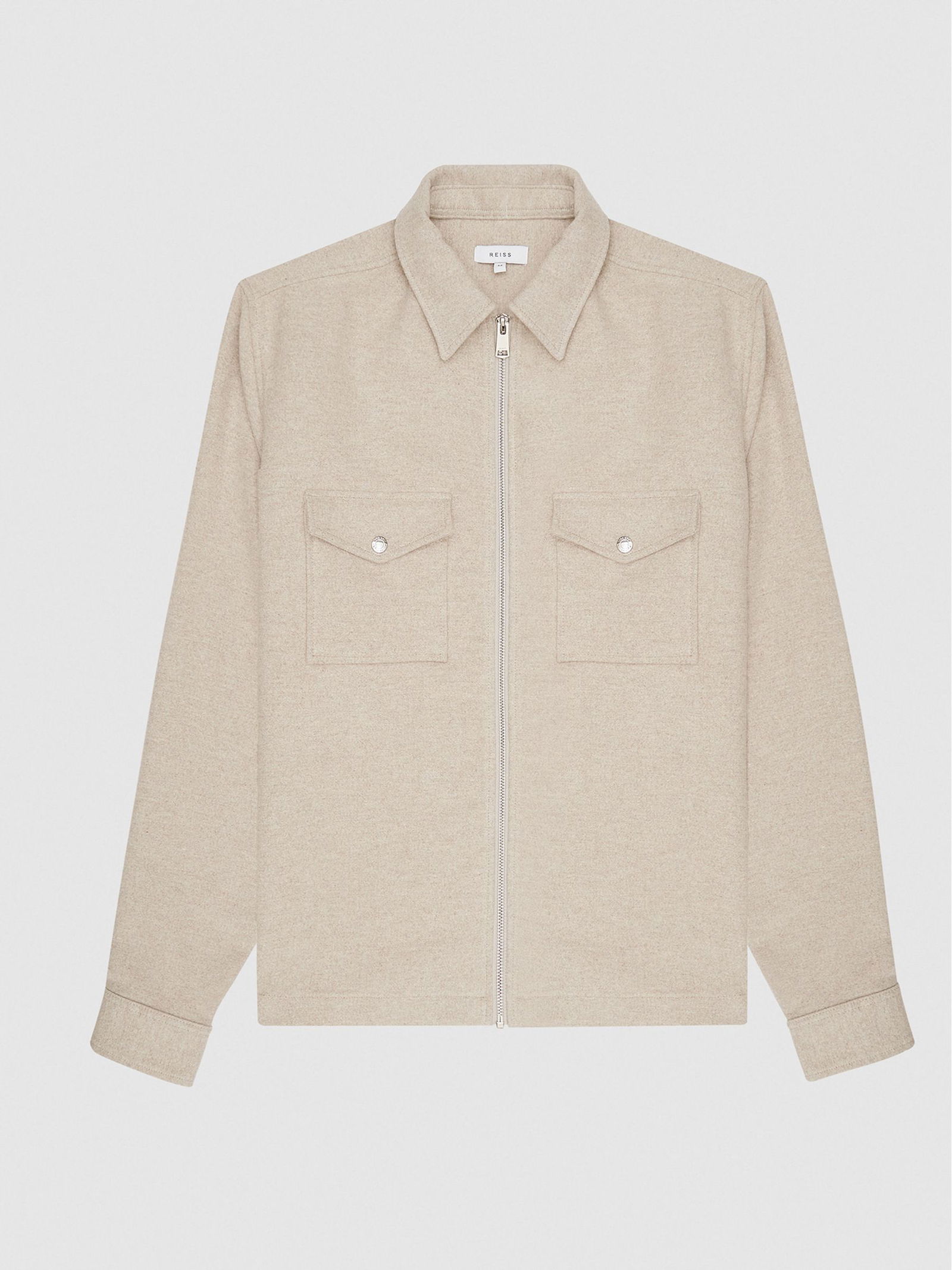 REISS Vice Zip Through Overshirt in Oatmeal | endource