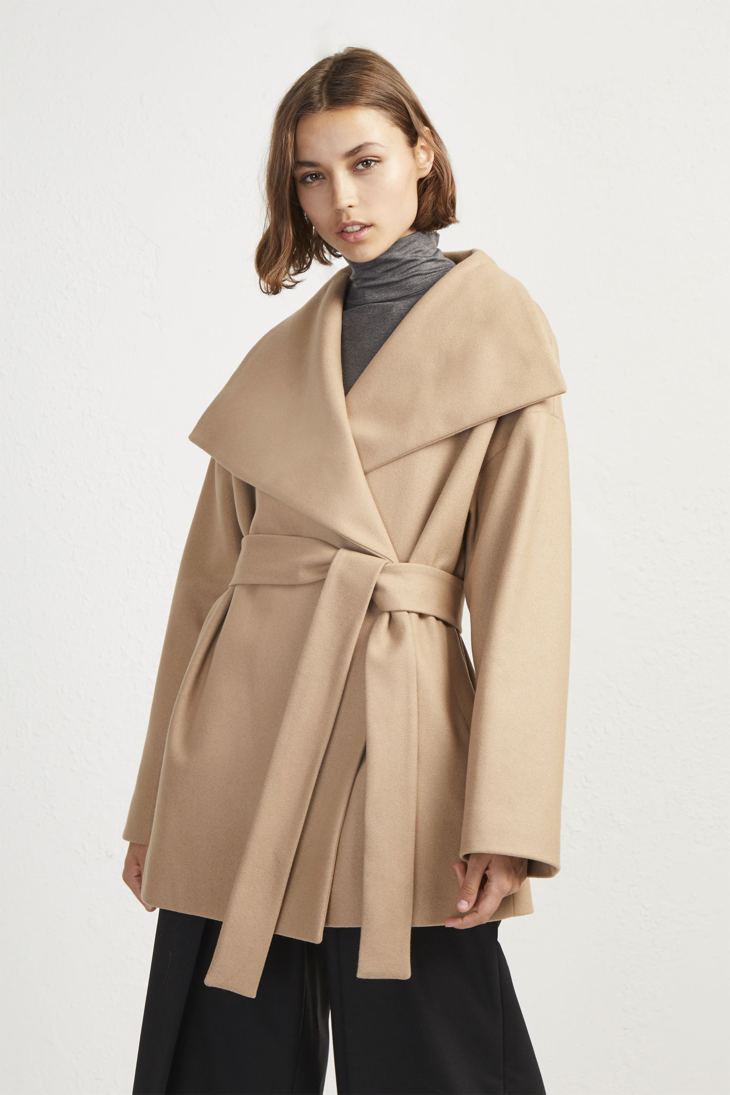 FRENCH CONNECTION Platform Felt Funnel Neck Coat in Camel | Endource