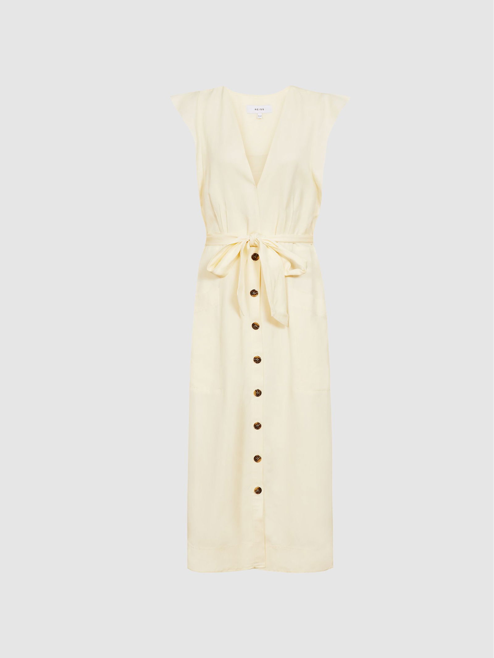 REISS Emma Linen Blend Midi Dress in Khaki | Endource