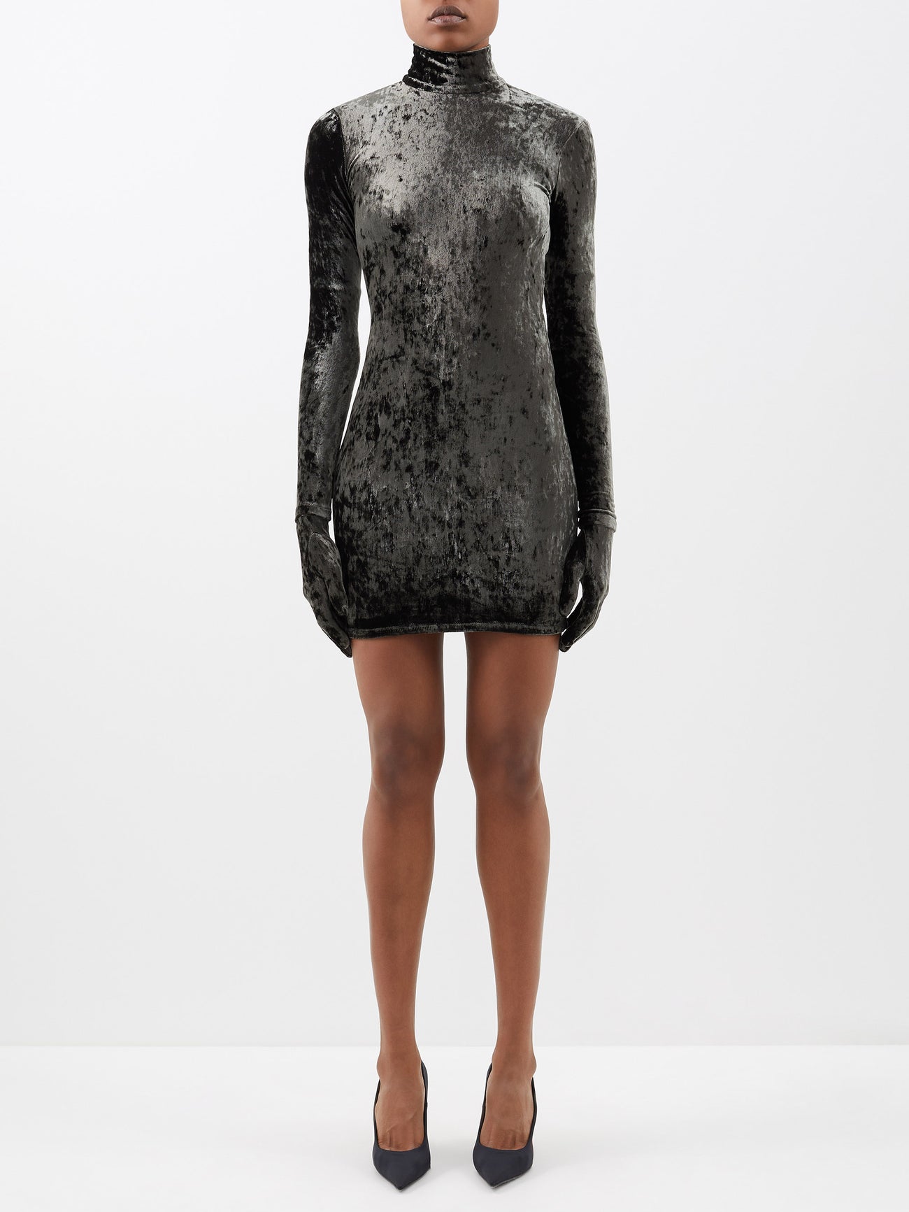 BALENCIAGA Detachable-Glove Crushed-Velvet Dress in Grey | Endource