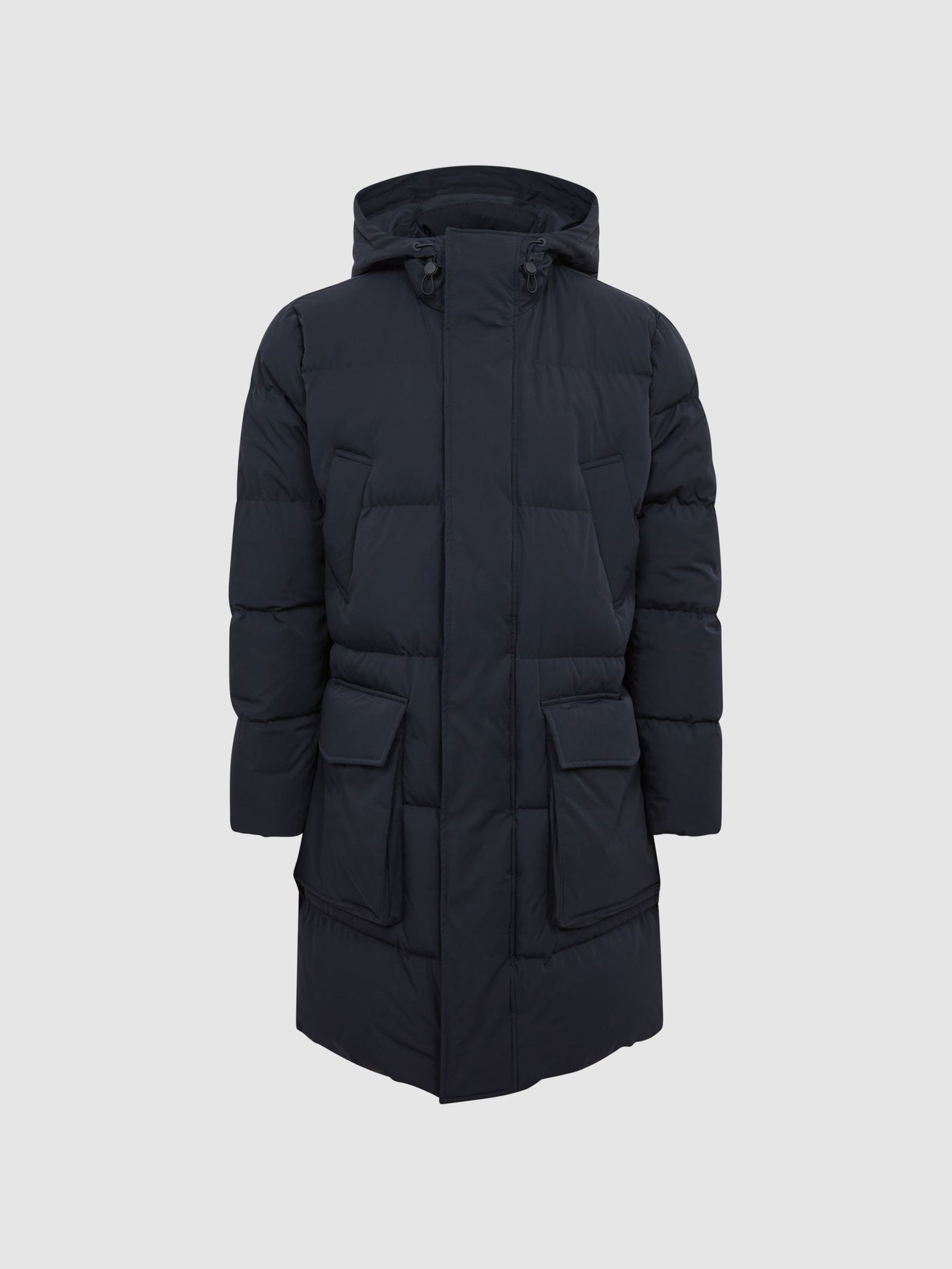 REISS Skye Hooded Mid Length Puffer Jacket in Navy | endource