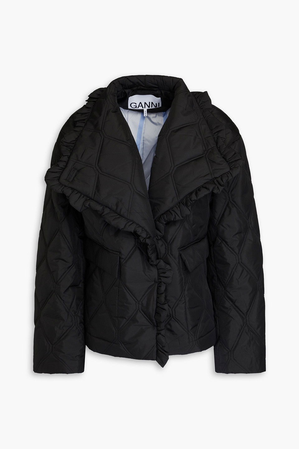 GANNI Ruffled Quilted Ripstop Jacket in Black | Endource