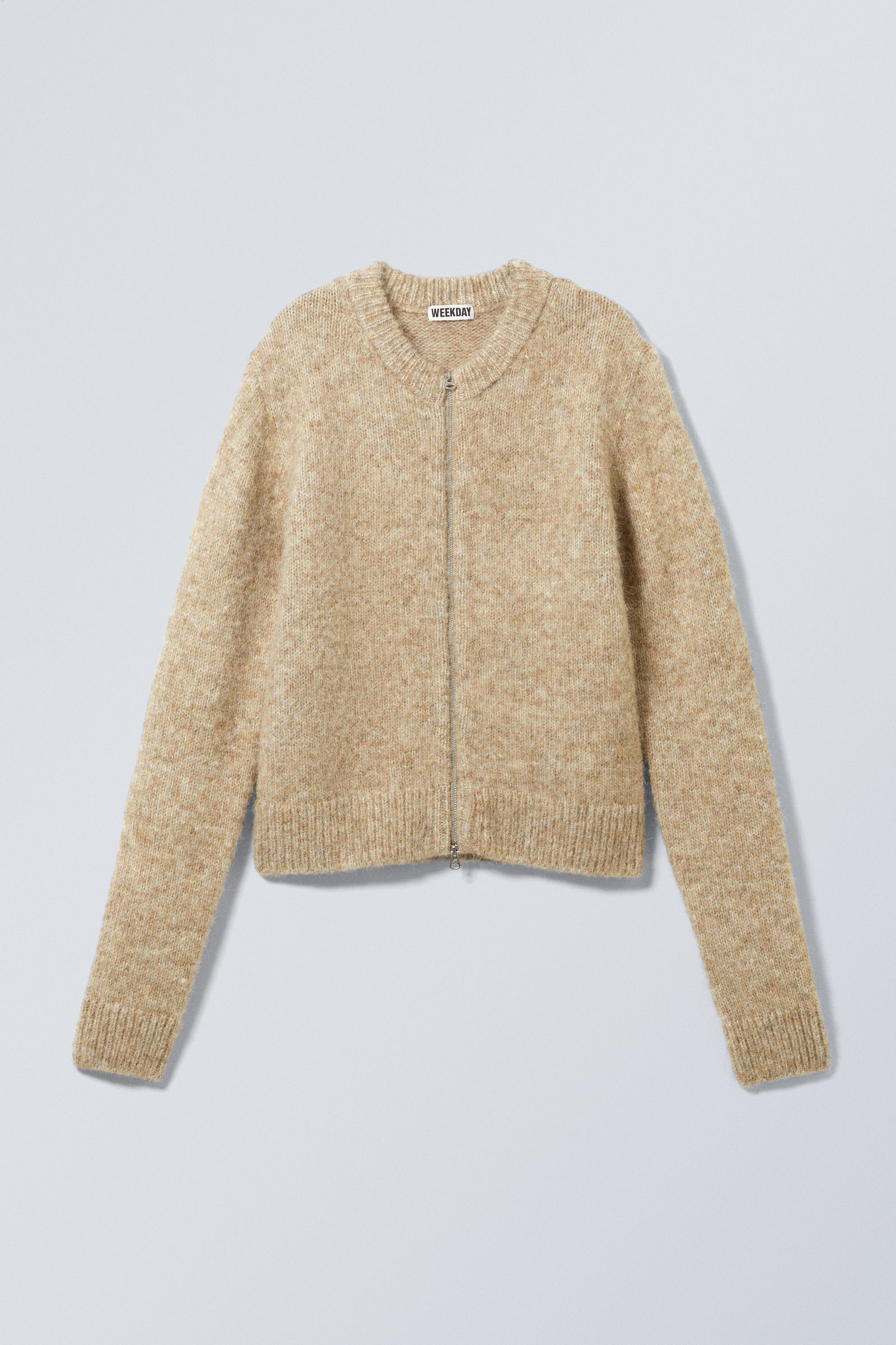 WEEKDAY Slim Knitted Zip Cardigan in Beige Melange | endource